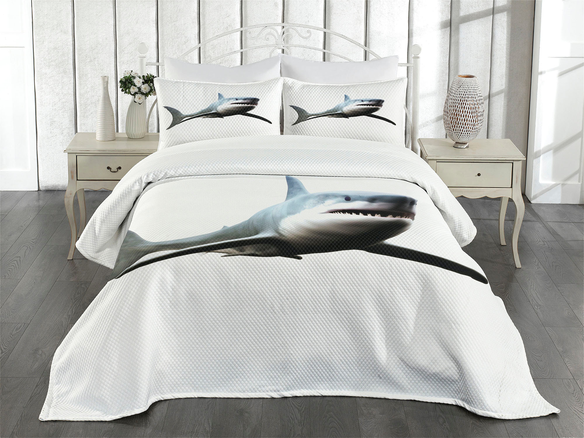 Ambesonne Shark Bedspread Set Wild Sea Creature Art Blue Grey White ...