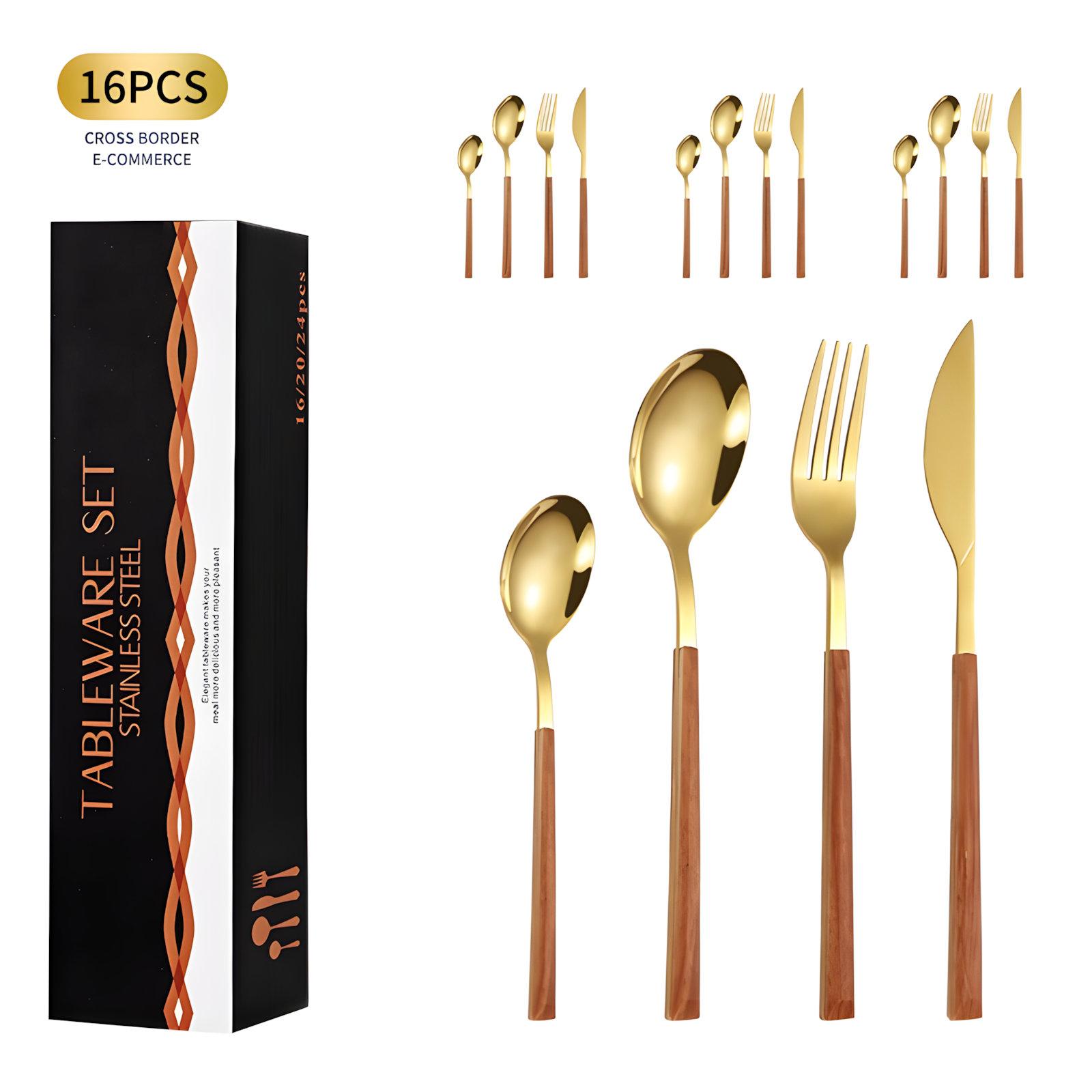 Everly Quinn 16-Piece Stainless Steel Flatware Set With Wooden Handles ...