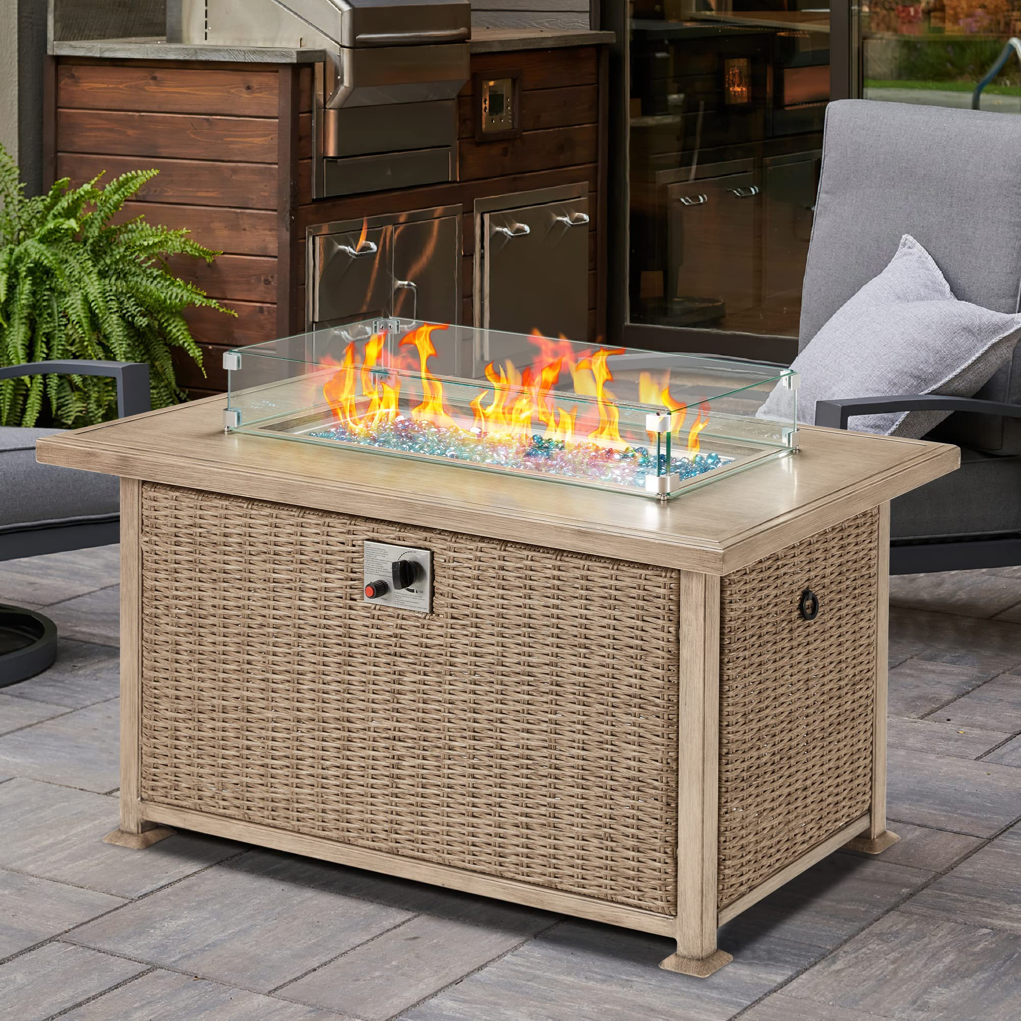Latitude Run® Outdoor Rectangular Rattan Propane Gas Fire Pit Table for ...