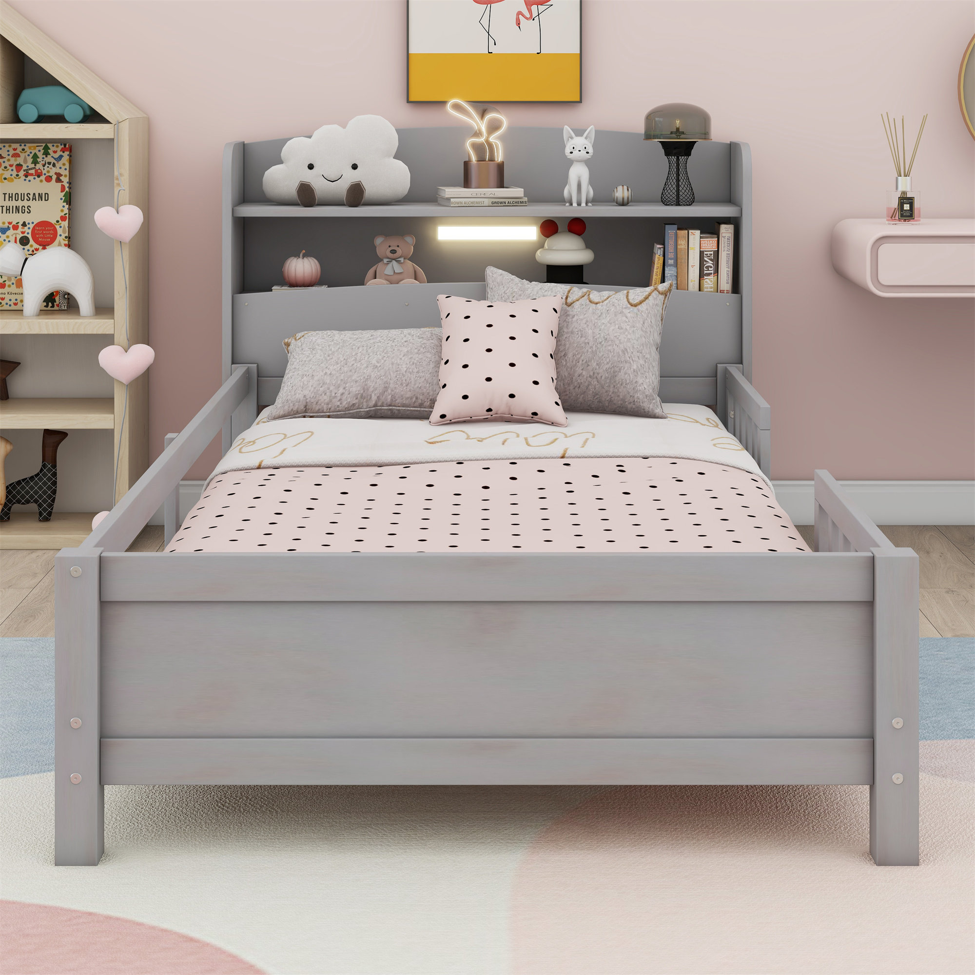 Lark Manor Lit plateforme en bois avec éclairage à DEL intégré, tête de lit avec rangement et ...