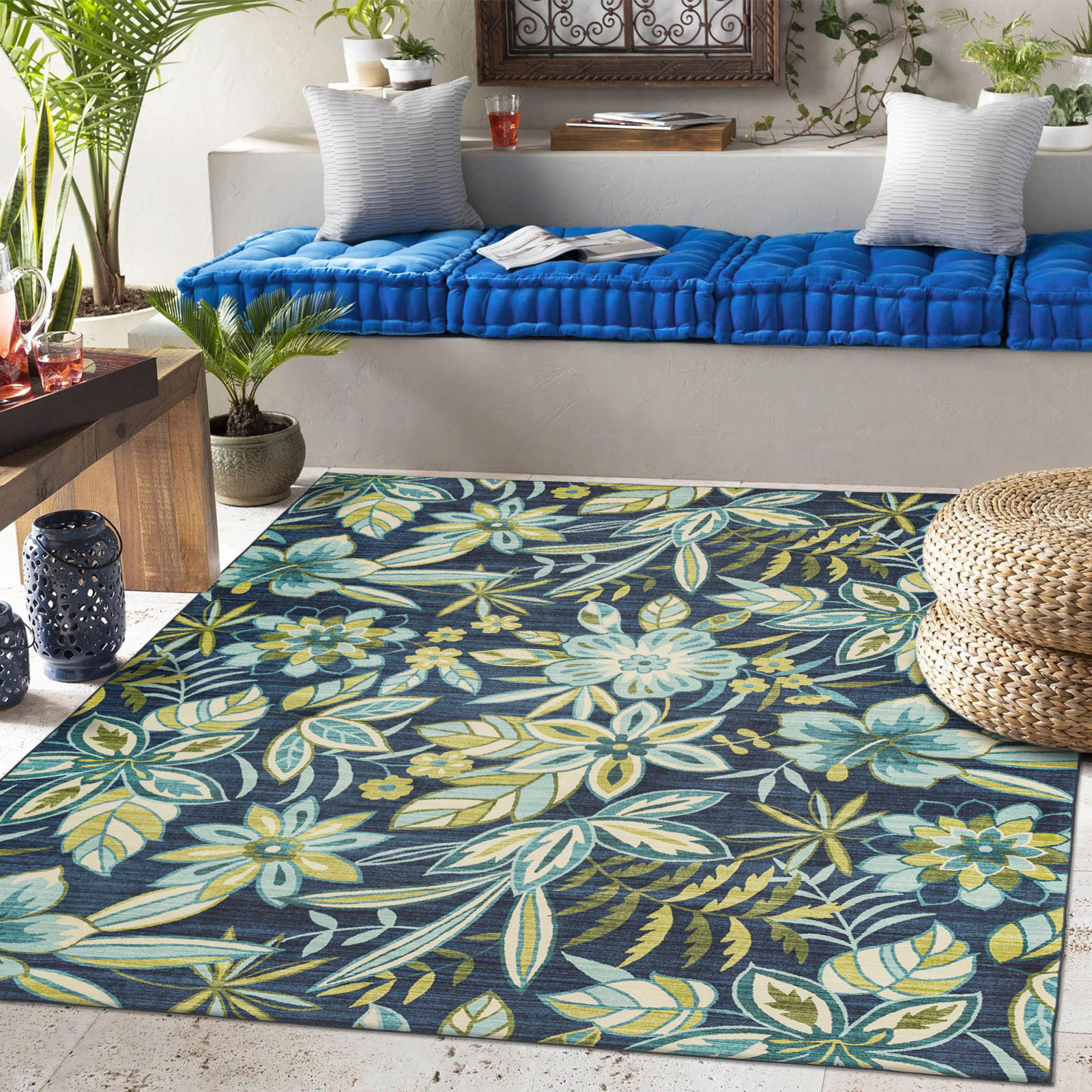 DECOMALL Floral Design Performance Outdoor Rug Blue/Green & Reviews ...
