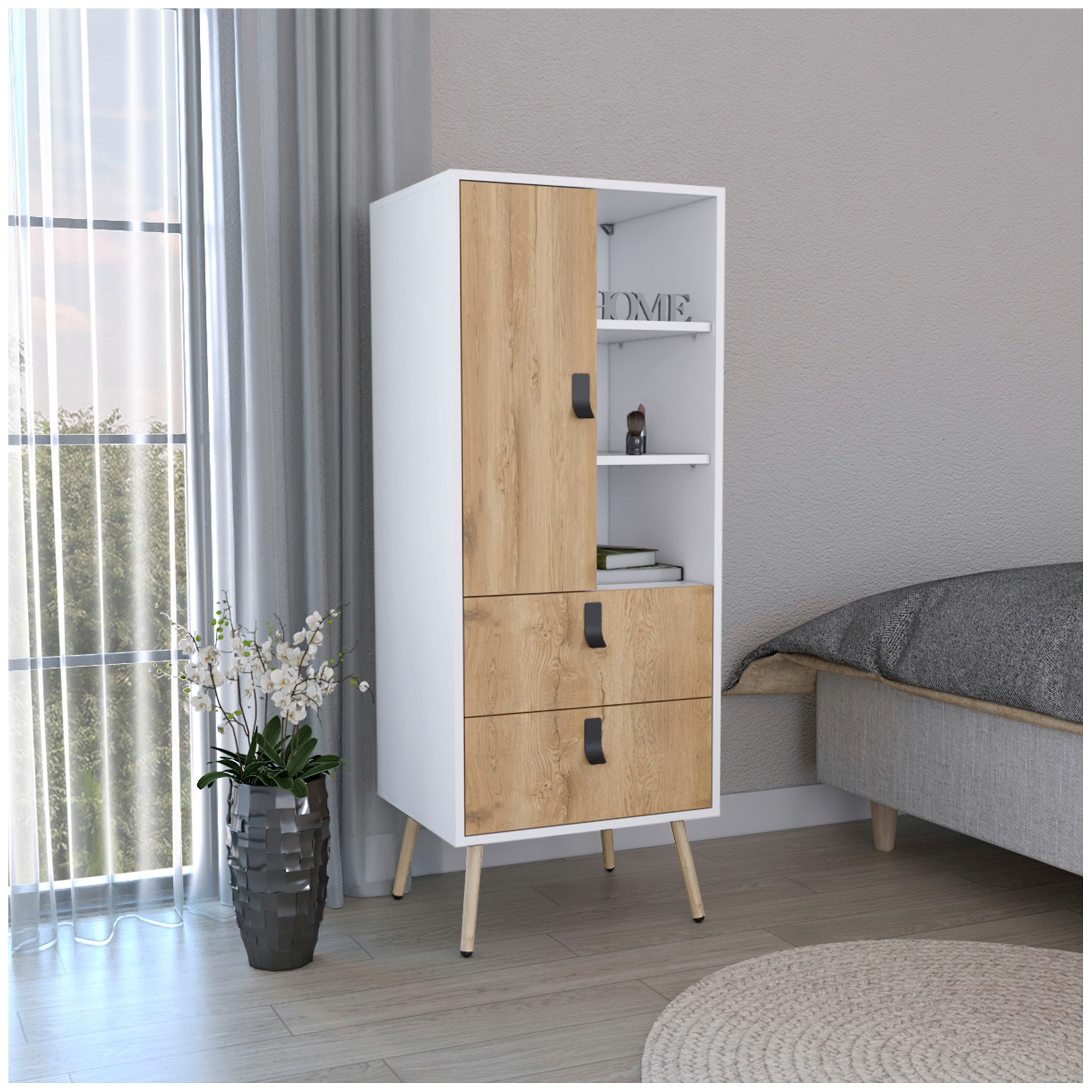 Everly Quinn Huna Tall Dresser, Unit with Door, 2 Drawers, and Open ...