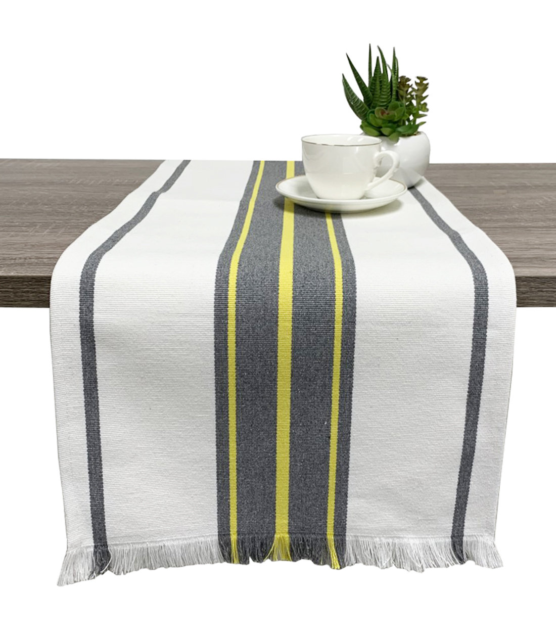 Dakota Fields Striped Design Fringe Canvas Cotton White Table Runner ...