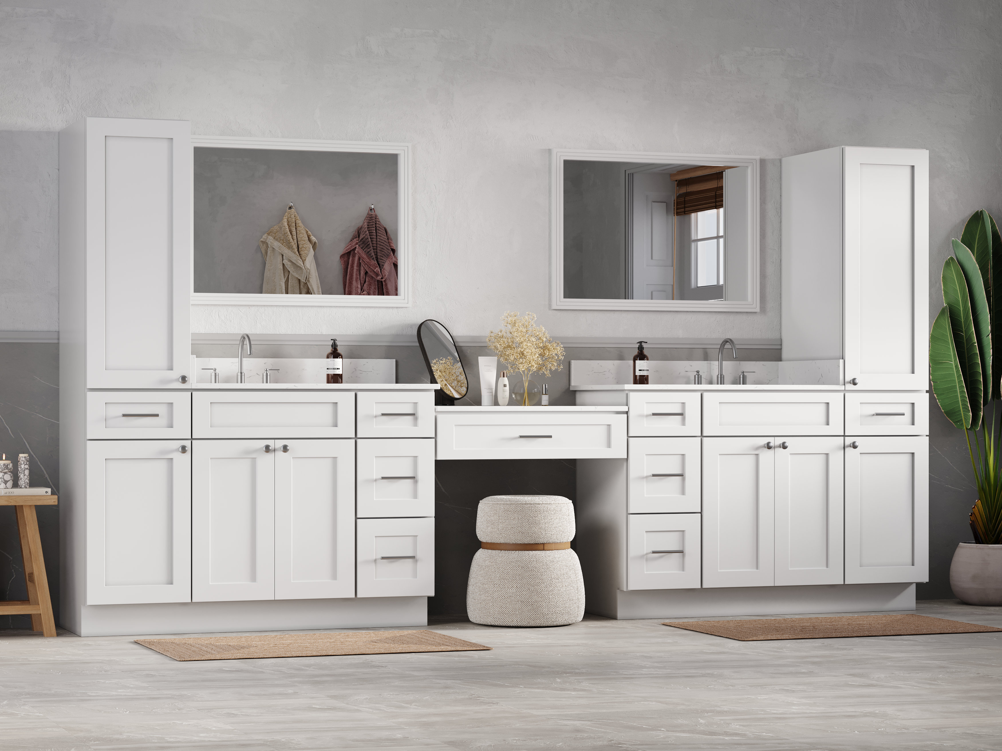 Disar 132'' Double Bathroom Vanity With Desk Linen Tall Cabinet ...