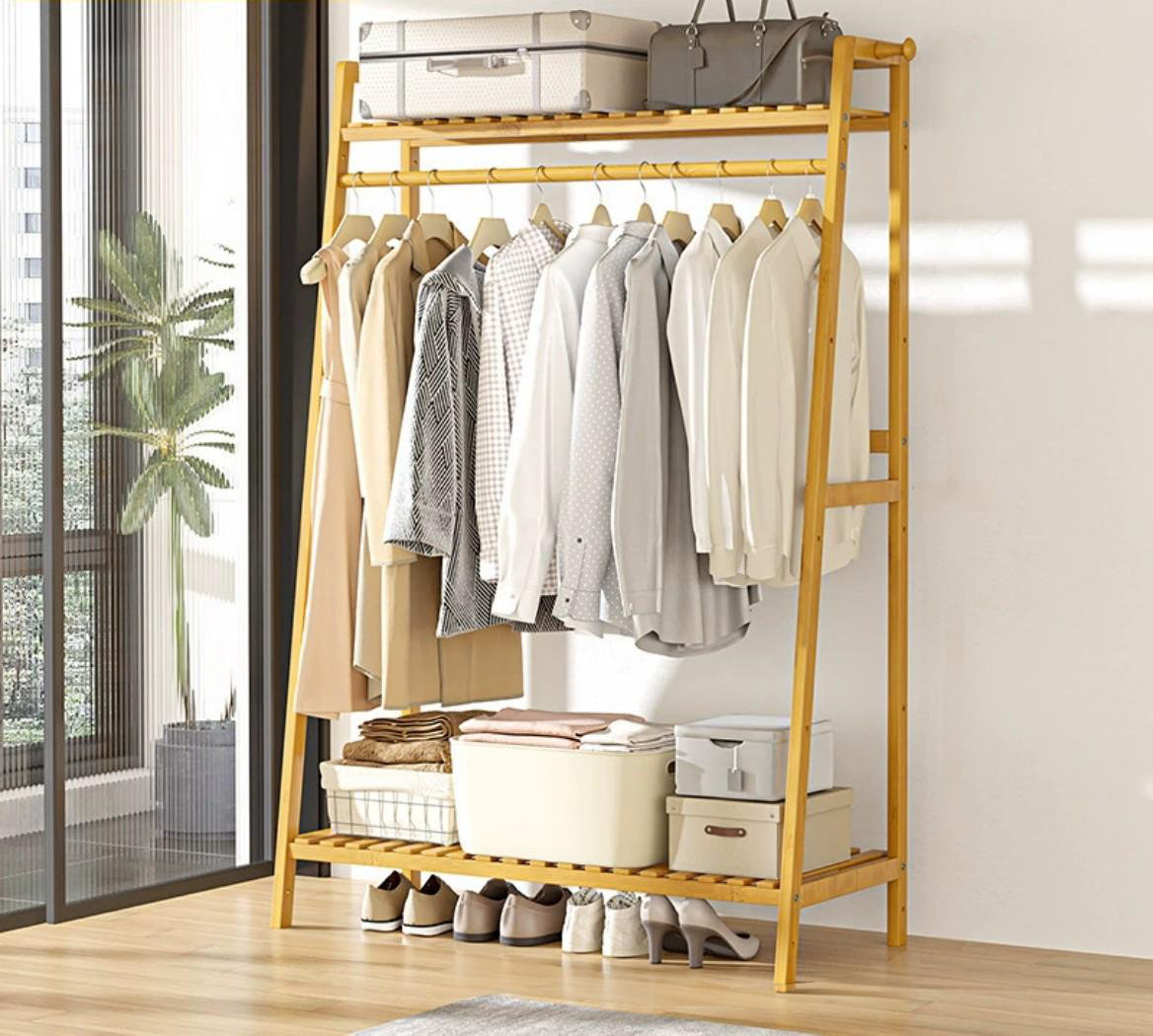 Ebern Designs Bamboo Wood Clothes Rack Garment Rack with Tier Storage ...