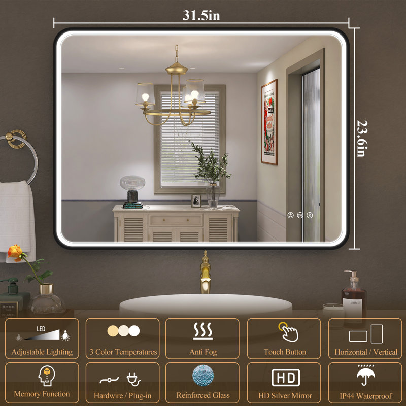 Latitude Run® Sleek Black Framed LED Bathroom Mirror Dimmable Lighting ...