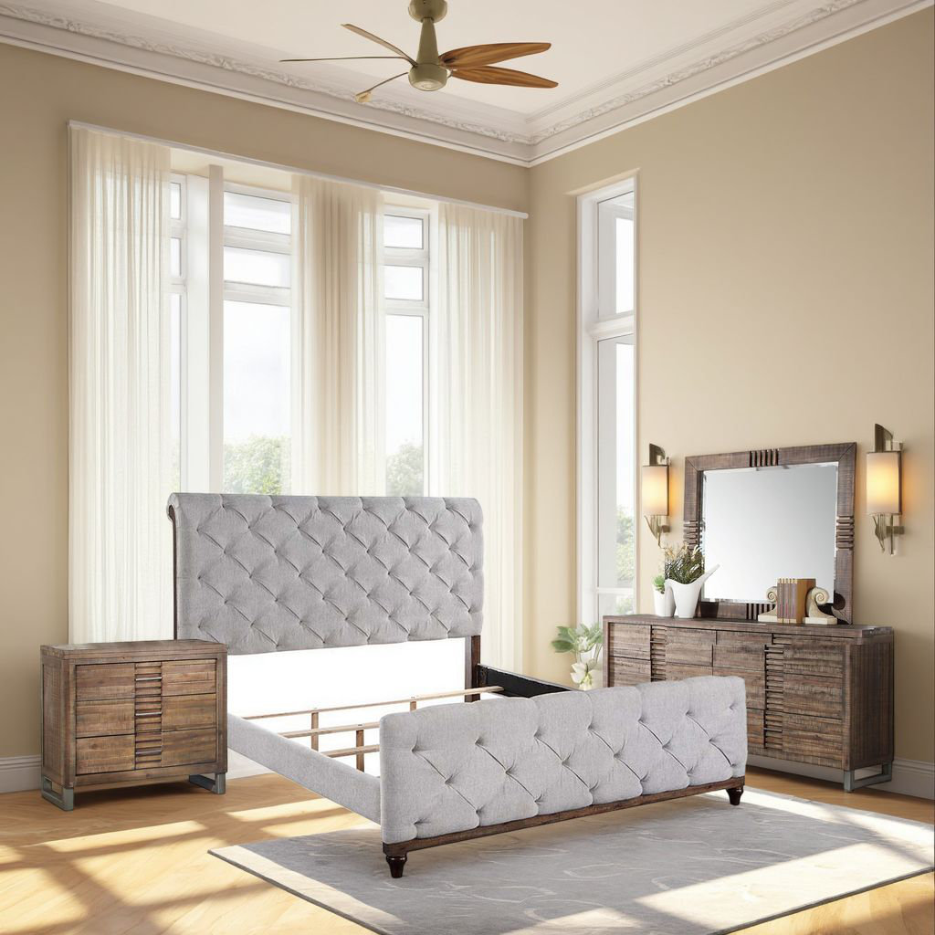 Benjara Liza 4 Pc Queen Bedroom Set, Tufted Gray Upholstery, Brown Wood ...