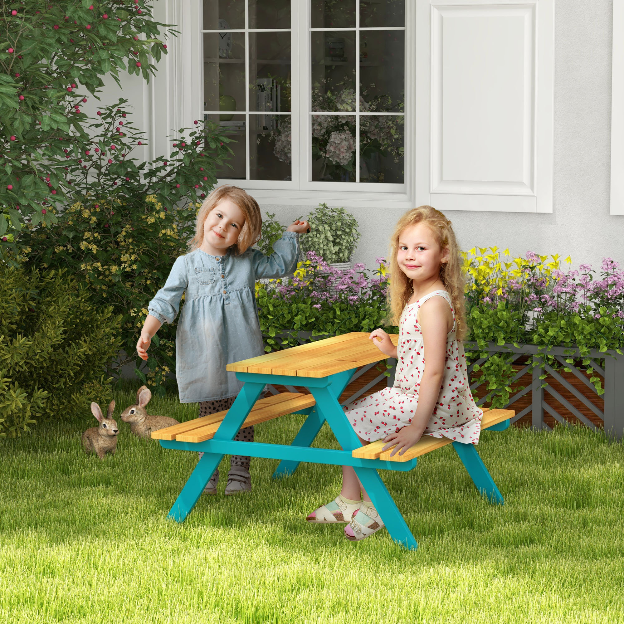 Ophelia & Co. Outsunny Kids Picnic Table Set With Wooden Table, Outdoor ...