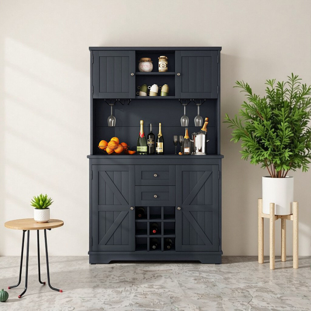 Ebern Designs Farmhouse Dark Blue Coffee Bar Cabinet with Wine Storage ...