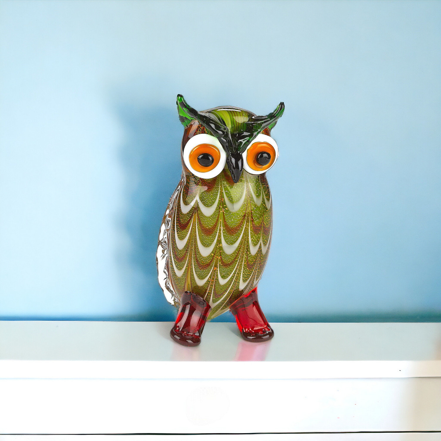 Bungalow Rose 9" Green and White Murano Glass Owl Figurine Tabletop ...