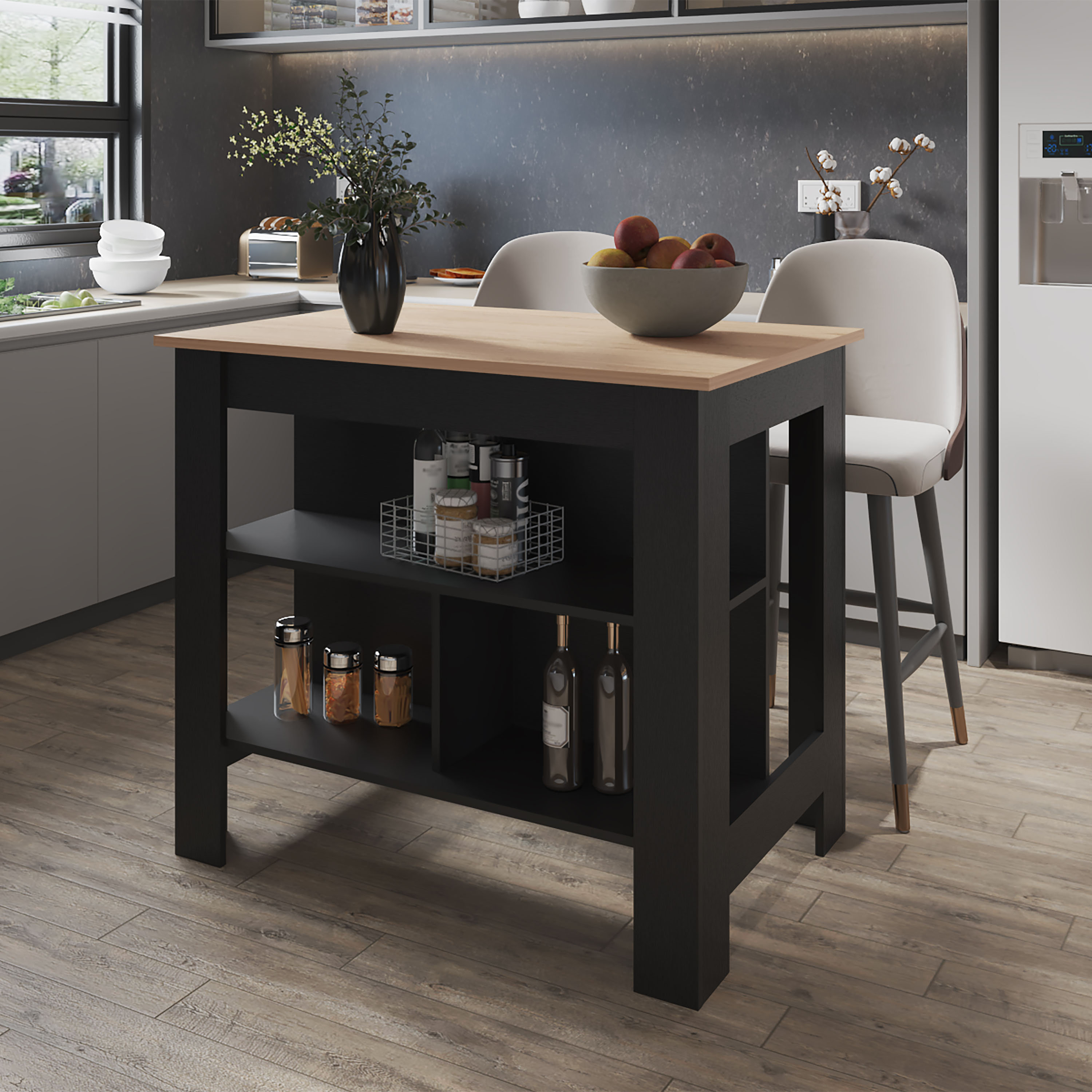 Ebern Designs Aztec Kitchen Island in Melamine with Open Storage ...