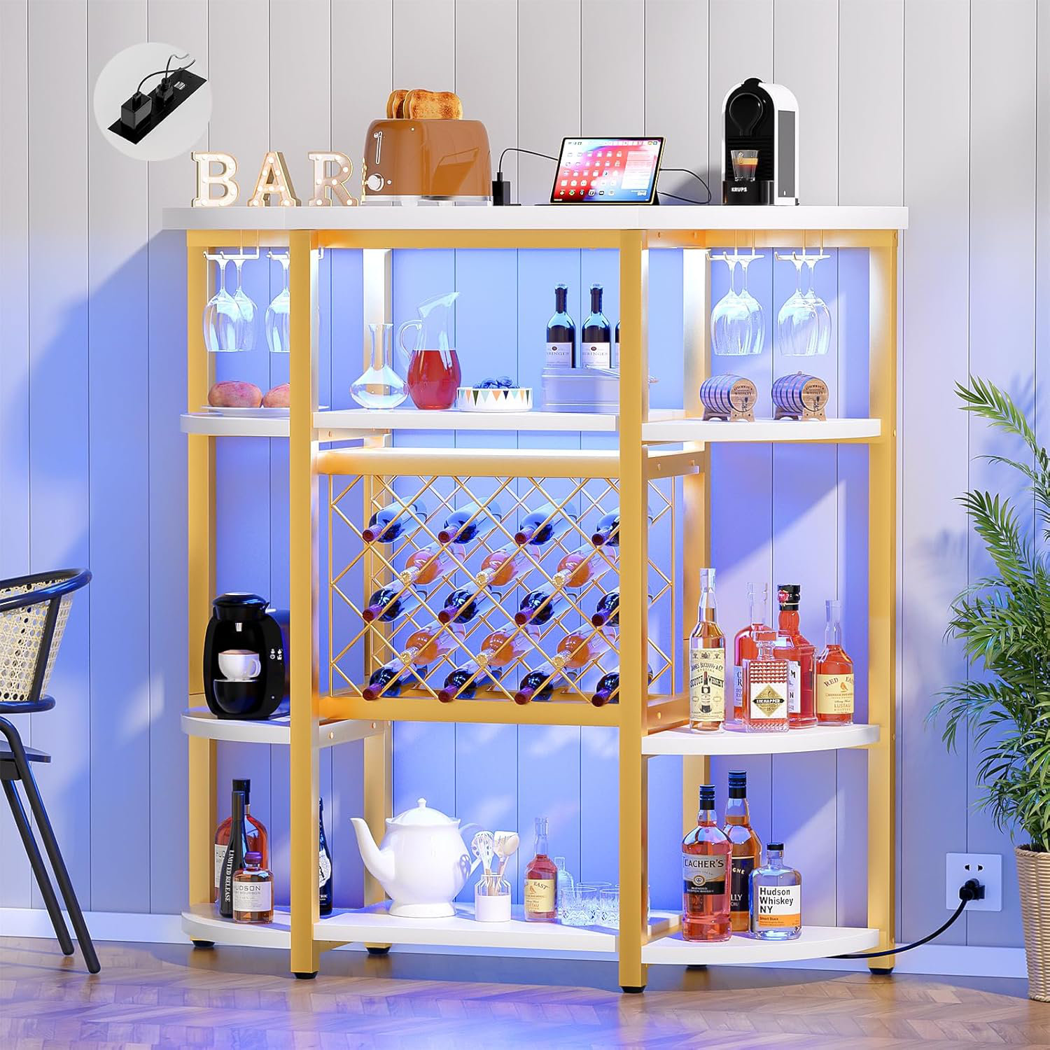 Everly Quinn Modern White & Gold Wine Bar Table With LED Lights, Power ...