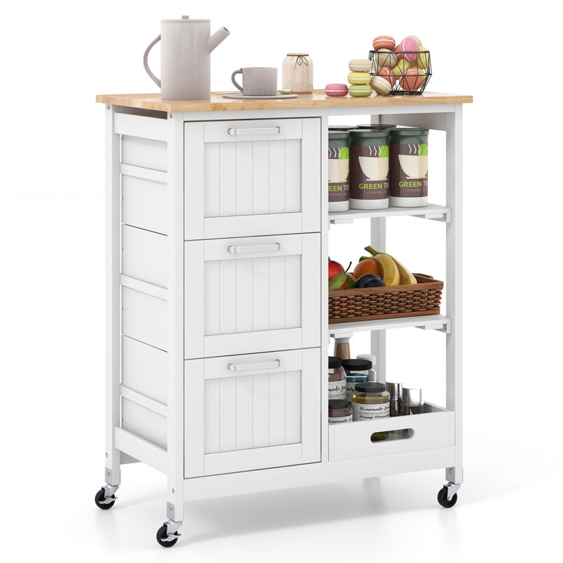 Dovecove Rubber Wood Counter Top Kitchen Island Storage Cart with 3 ...