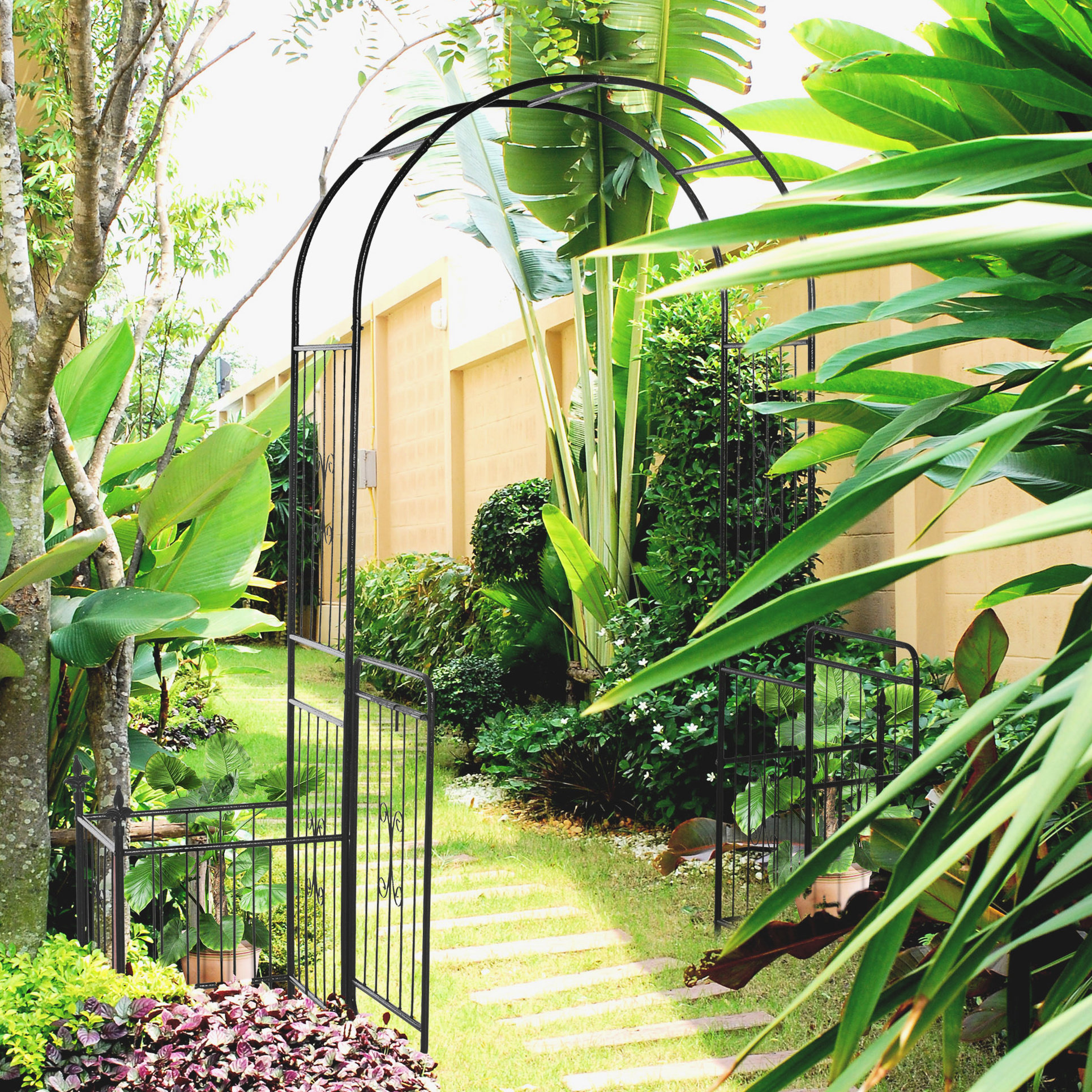 Latitude Run® Metal Garden With Trellis, Lockable Gate, Planter Boxes ...