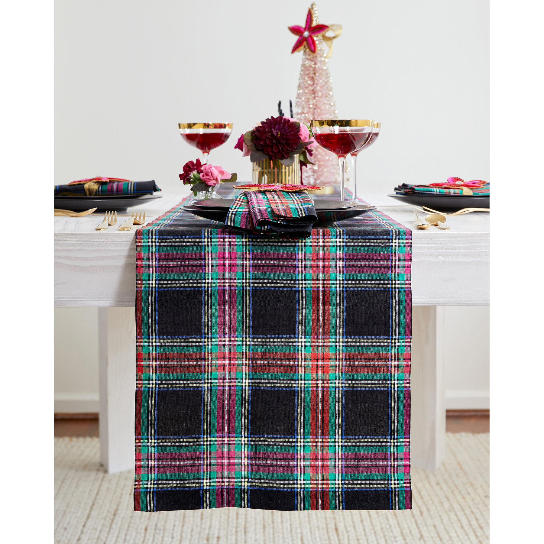 Solino Home Jewel Plaid - 100% Pure Linen Rectangle Dining Table Runner ...