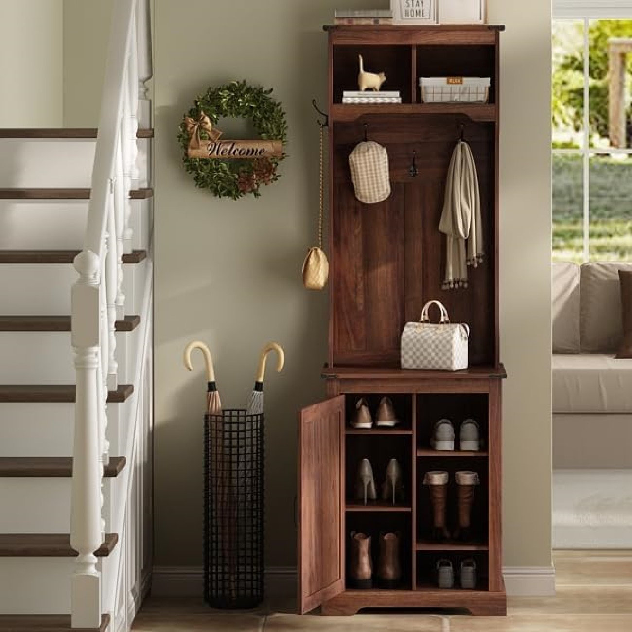 Lark Manor Farmhouse Narrow Coat Rack With Shoe Storage 6 Shoe Cubbies ...