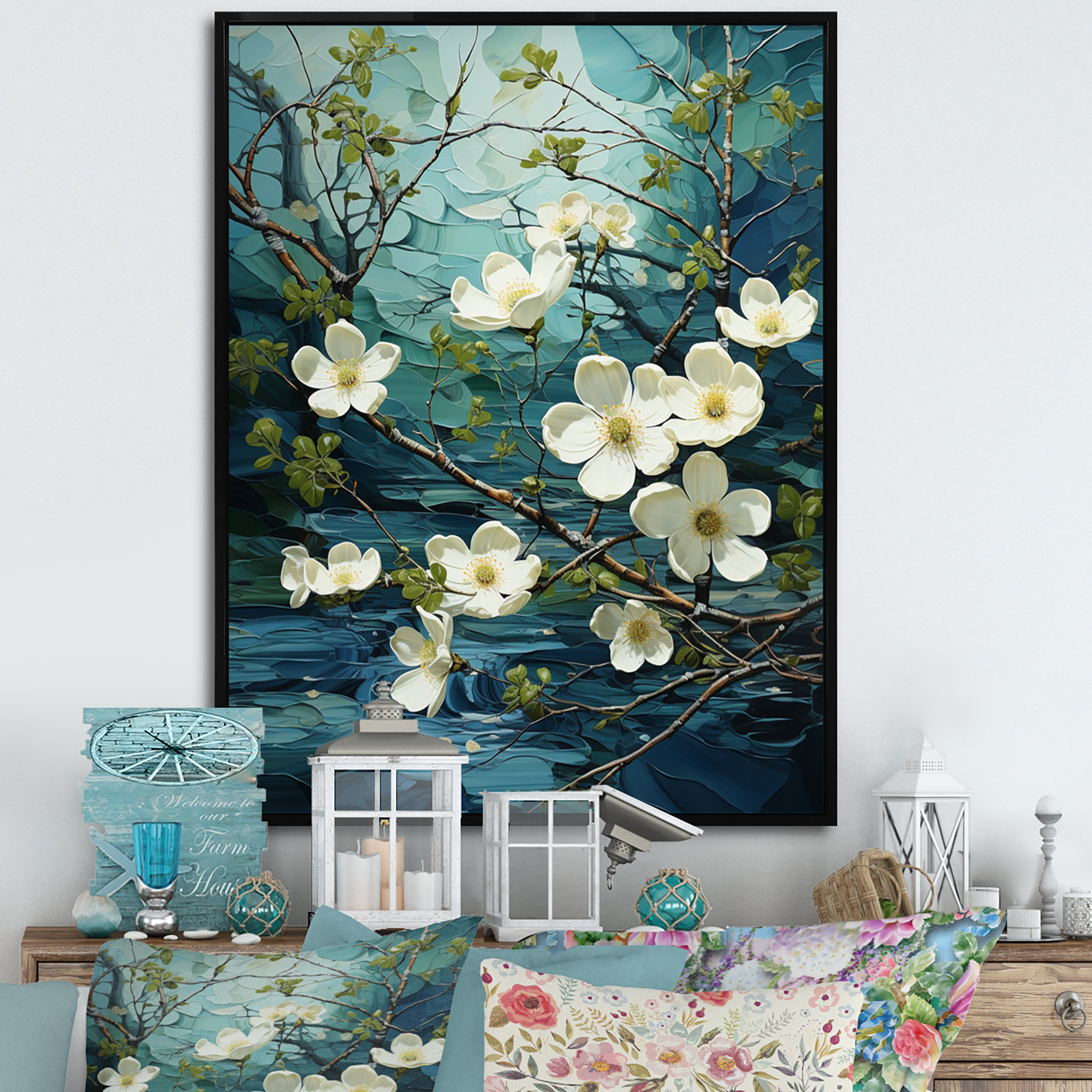 Red Barrel Studio® Yvonda Teal White Dogwood Delight Framed On Canvas ...