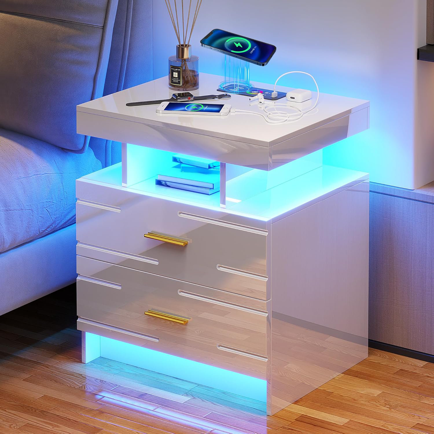 Ivy Bronx Smart Nightstand With LED Lights And Charging Station Wooden ...