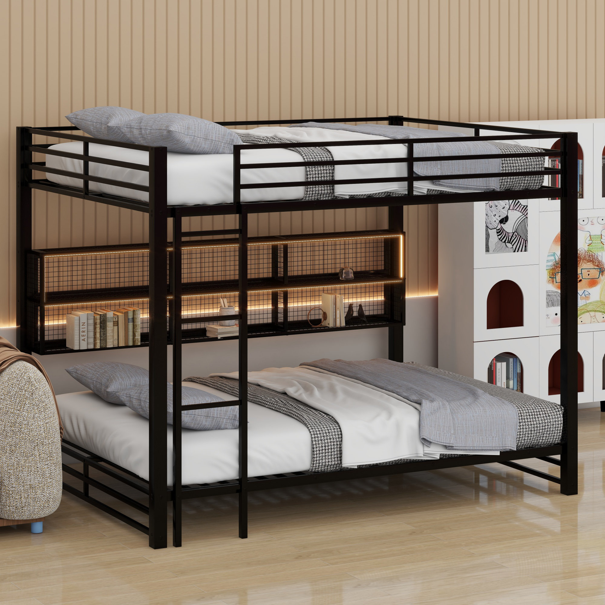 Isabelle & Max™ Metal Bunk Bed With Storage Cabinets And LED | Wayfair