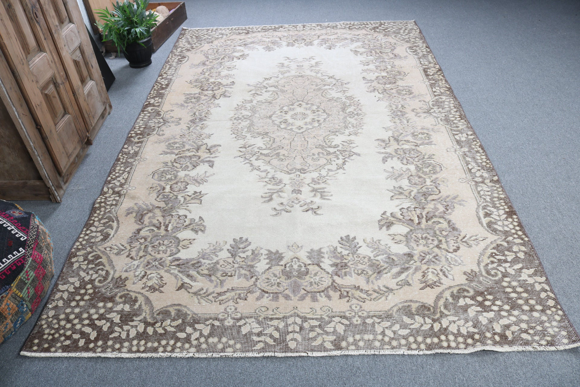 Canora Grey Large Beige Anatolian Vintage Turkish Floor Rug with Floral ...
