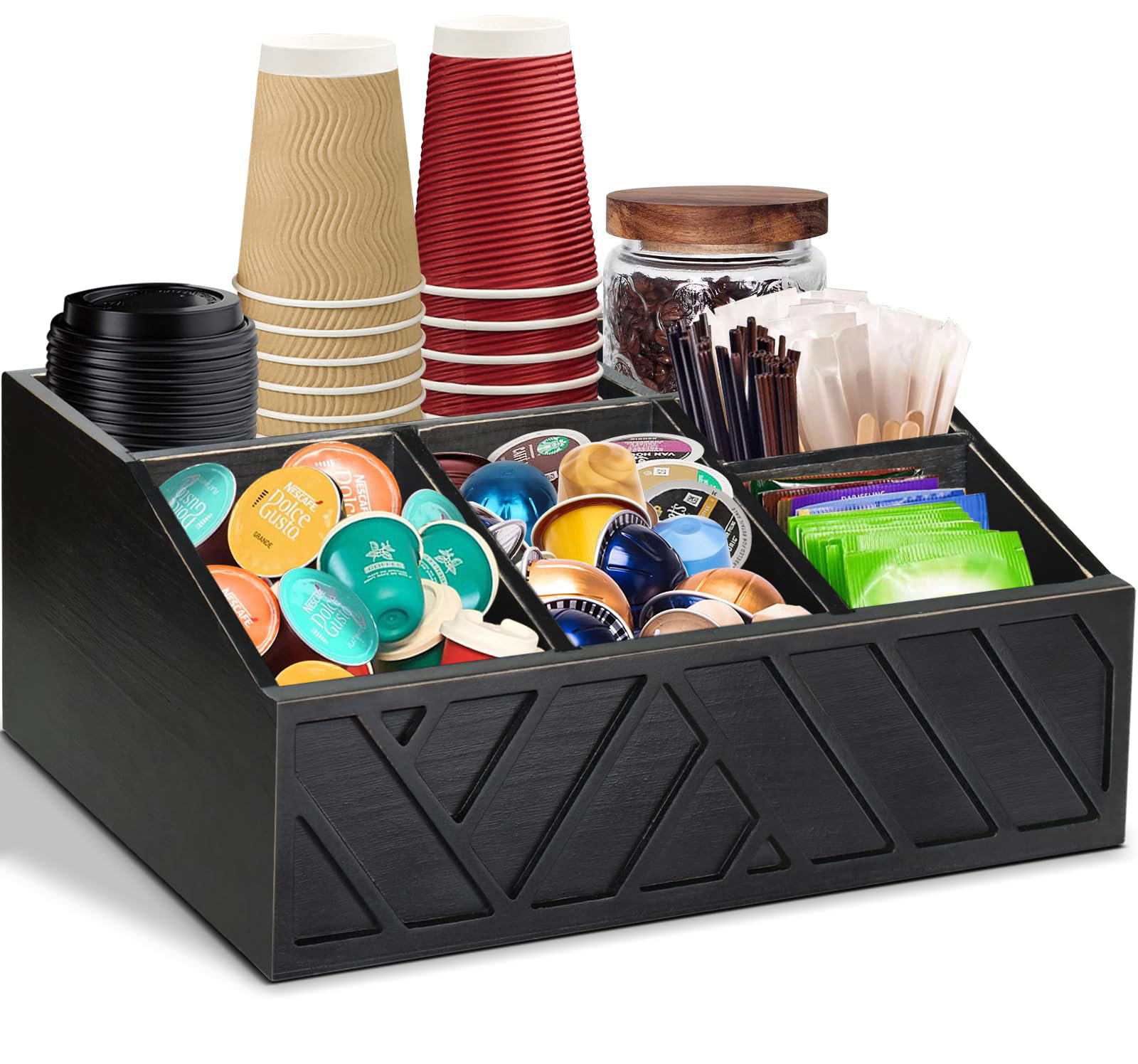 COAHAHA Large Black Wooden Coffee Station Organizer – 6-Compartment ...