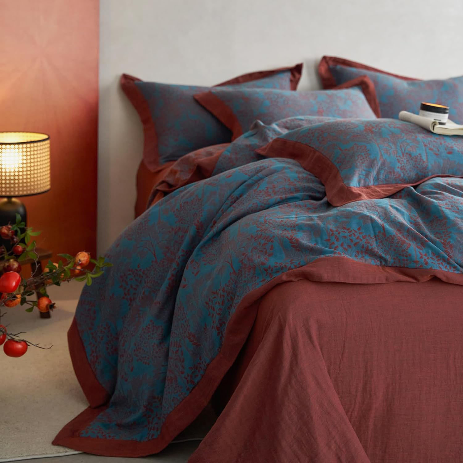 ABESNA Floral Duvet Cover Queen Size 3Pcs Yarn Dyed Burgundy Jacquard ...