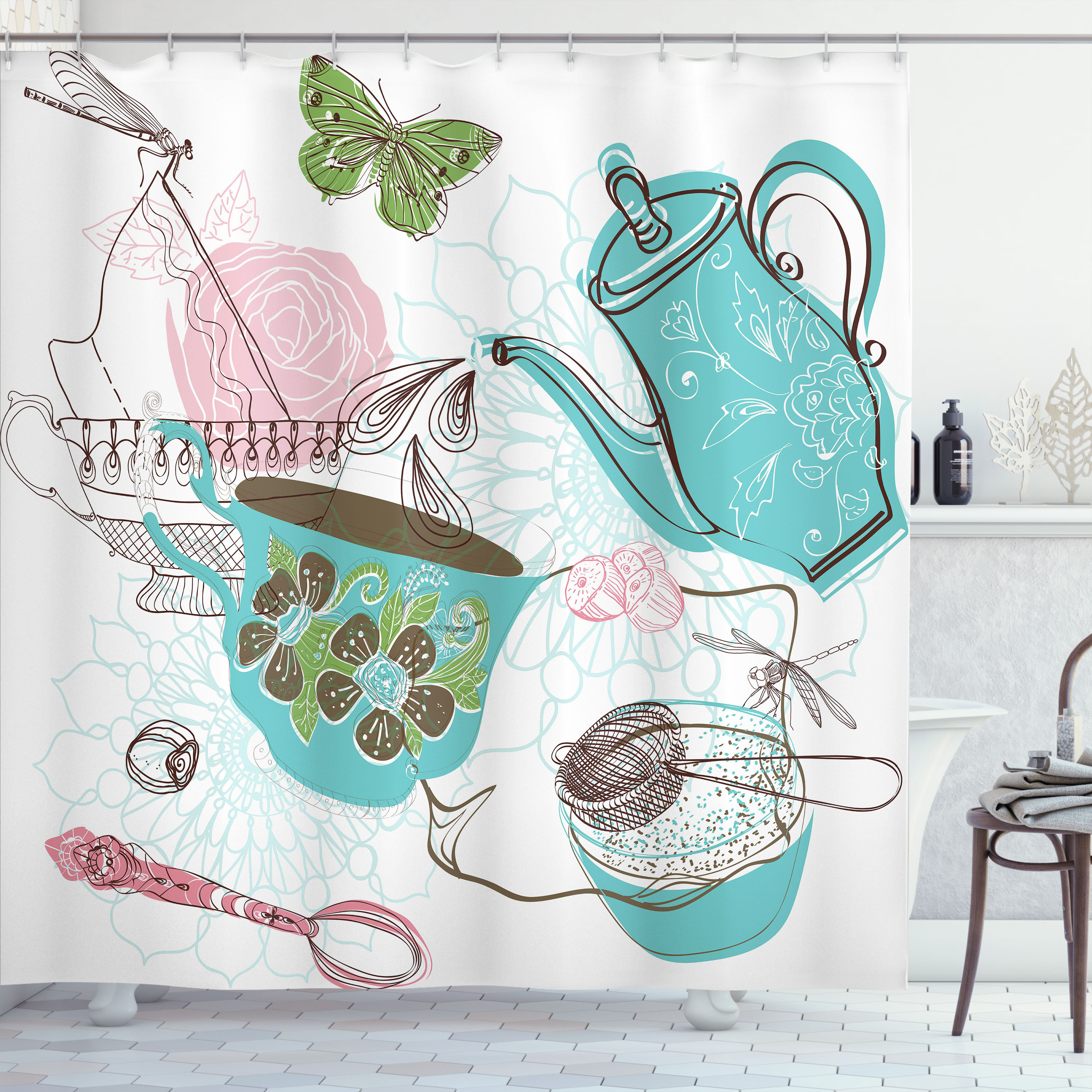 East Urban Home Tea Shower Curtain Roses Butterflies Dragonflies ...