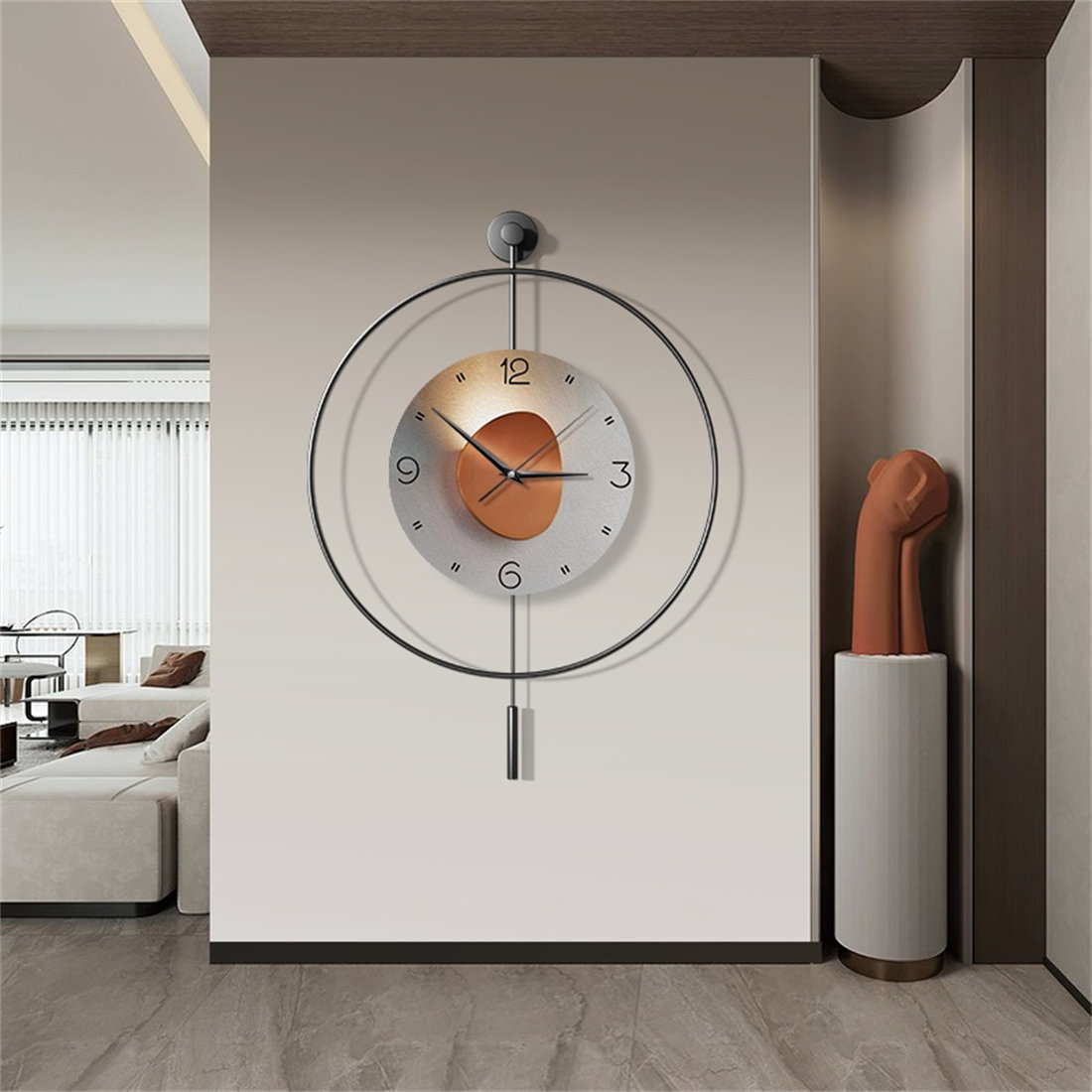 Ivy Bronx Minimalist Iron Wall Clock With Pendulum, Silent Metal ...
