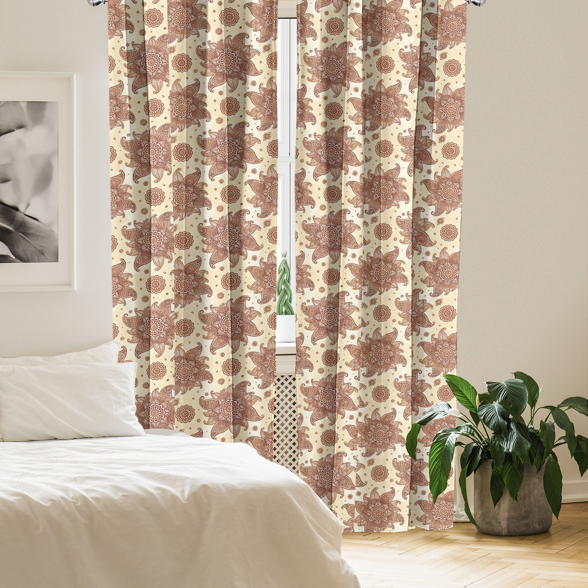 Alcott Hill® Brown Paisley 4-Panel Curtains, Autumn Tones Damask, Cream ...