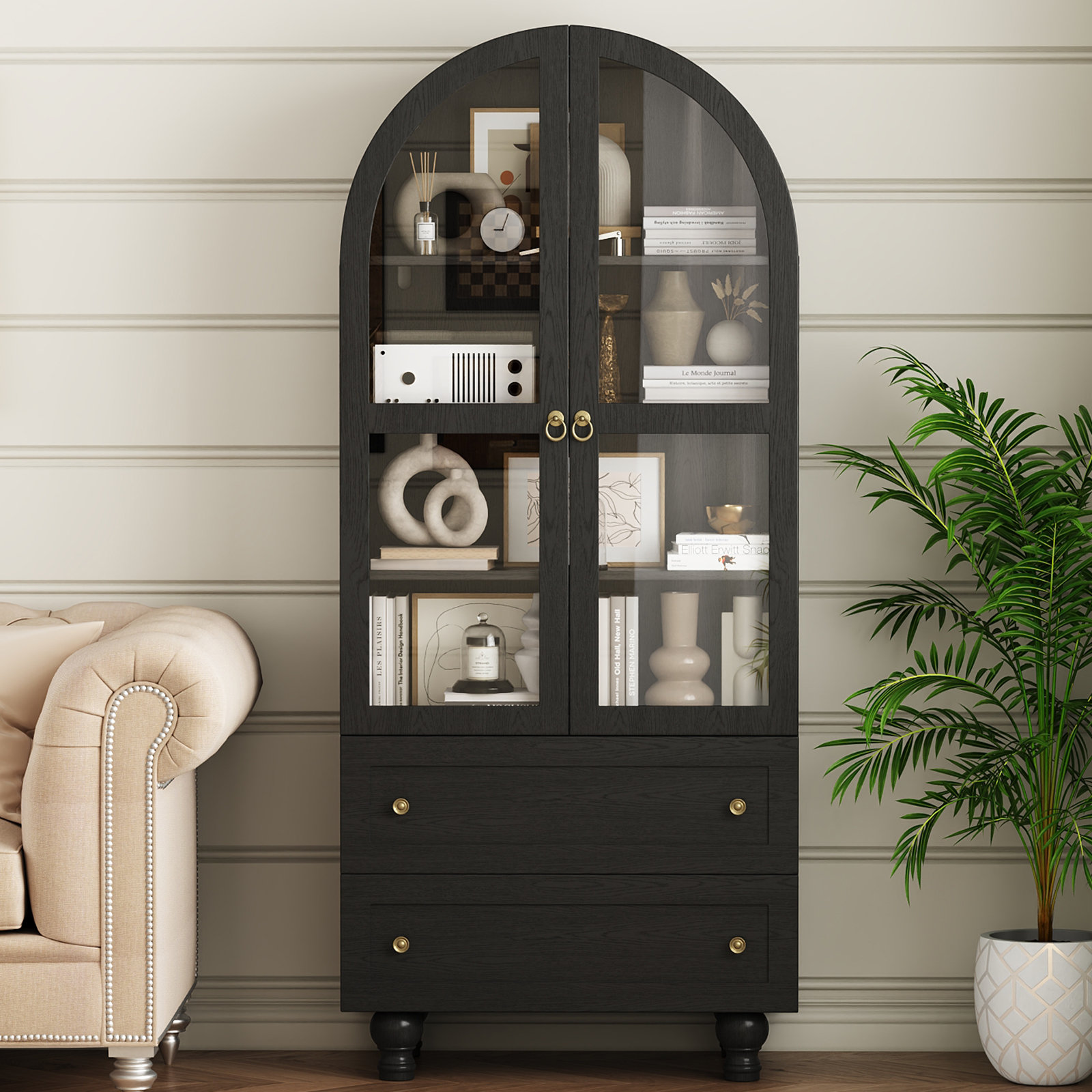 Charlton Home® 70.9" Tall Arched Glass Display Storage Bookcase With ...