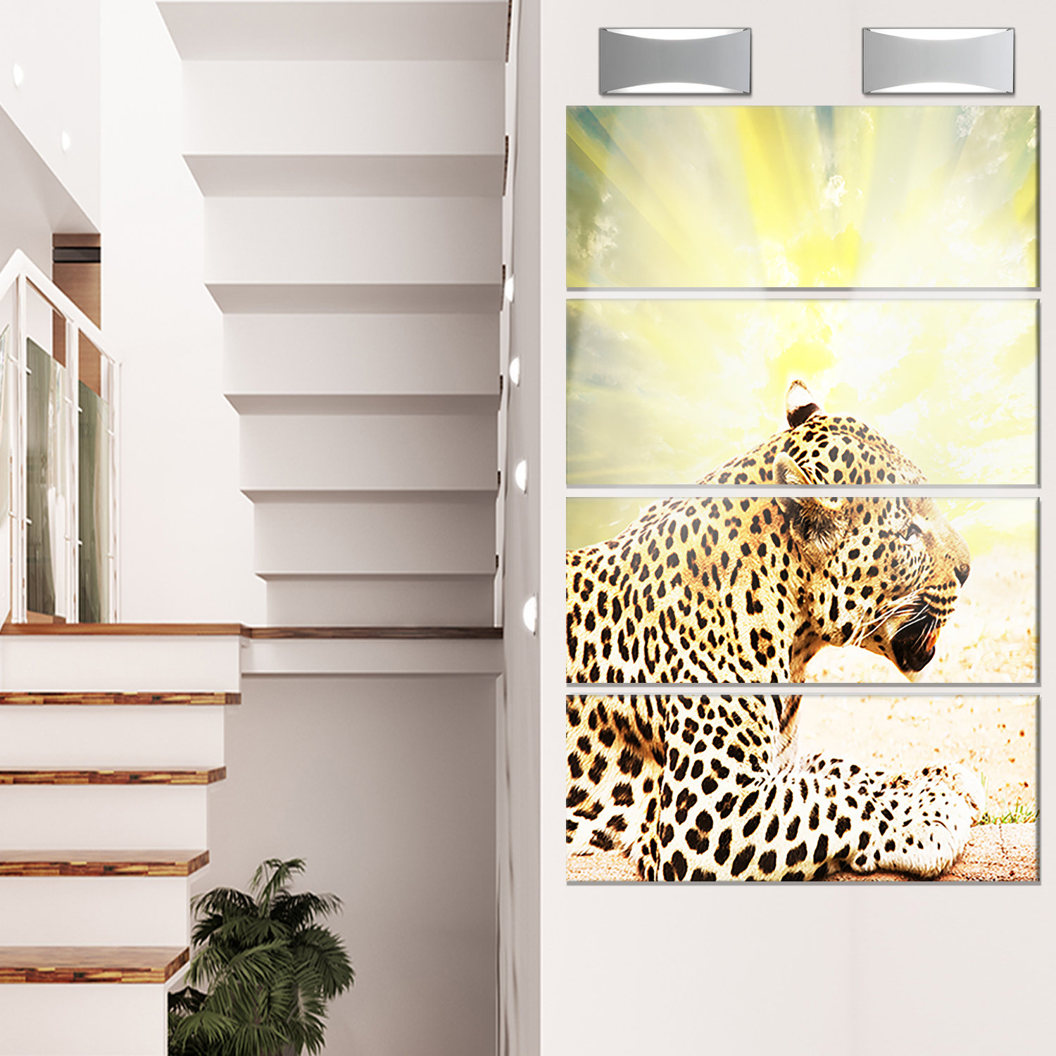 Design Art 'Ferocious Leopard at Sunrise' 4 Piece Photographic Print on ...