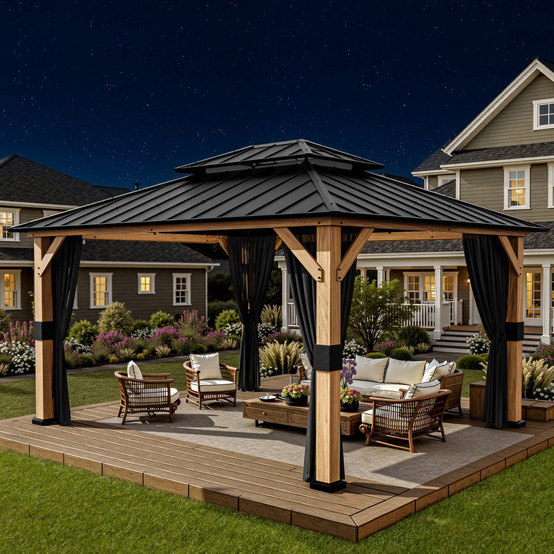 UPTIOT 13FT X 11FT Solid Wood Outdoor Hard Top Patio Gazebo with ...