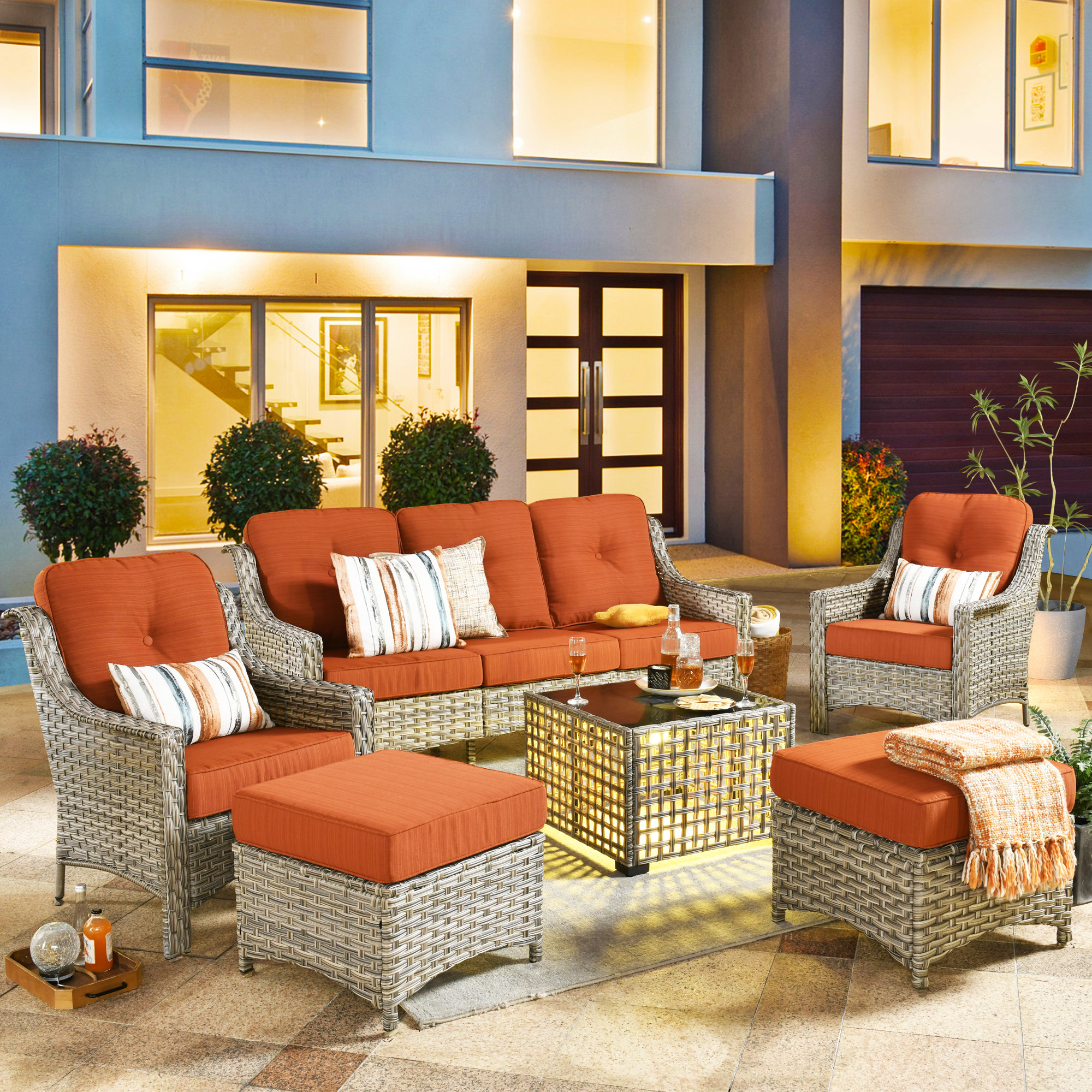 Lark Manor™ 7 - Person Patio Furniture Sofa with LED Lighted Coffee ...