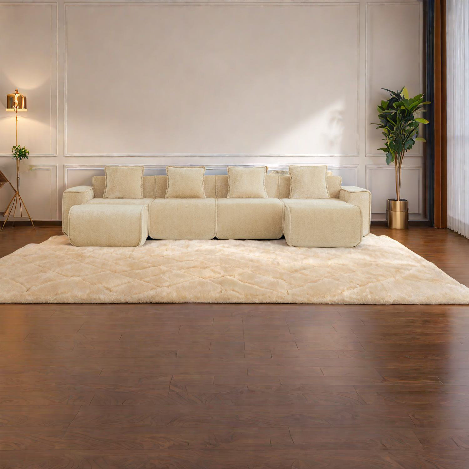 Man Wah Spacious Velvet Sectionals With French Piping, Light Camel ...