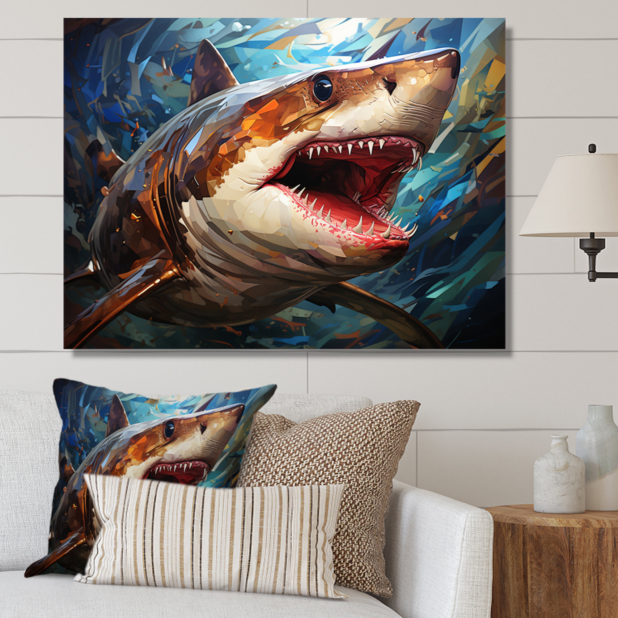 Highland Dunes Blue Shark Predators Glare Geometric II Framed On Canvas ...
