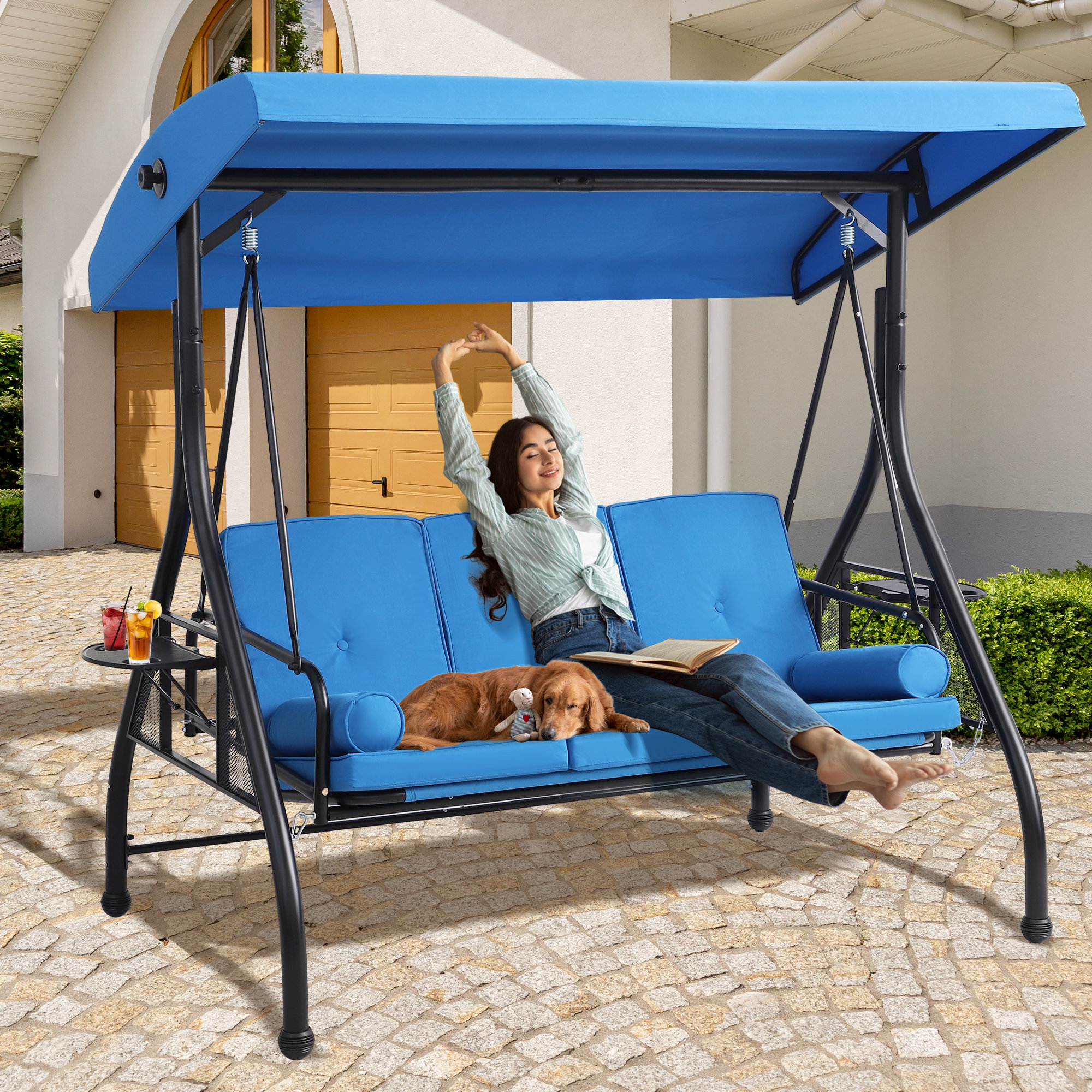 Arlmont & Co. 3-Seat Patio Porch Swing Outdoor Swing with Adjustable ...