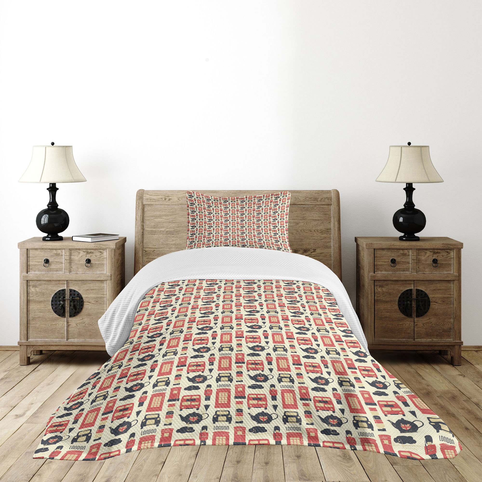 Ambesonne London Bedspread Set Grunge Vintage Graphic Vermilion Cream ...