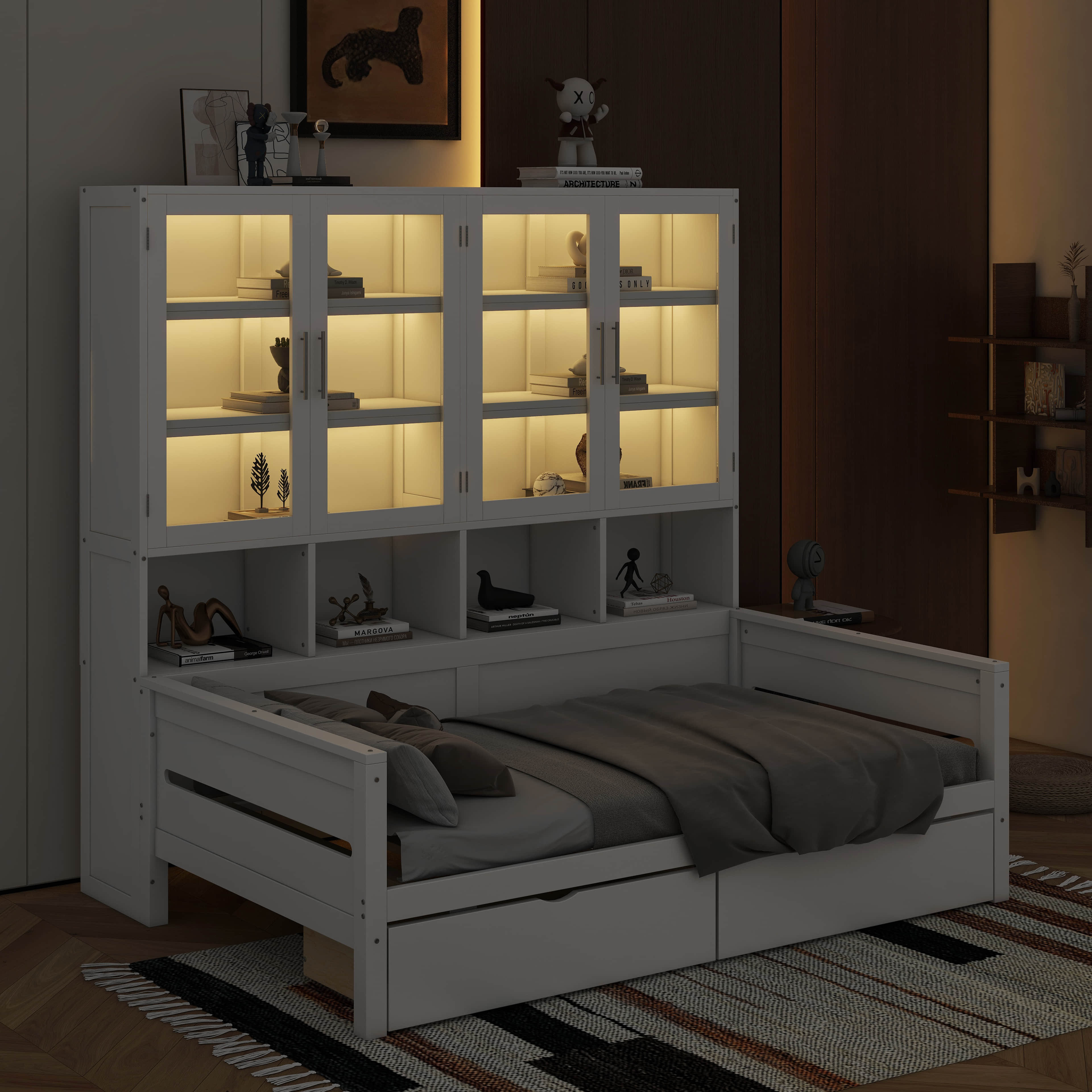 Lark Manor™ Wooden Daybed with Glass-Door Storage Cabinets,LED Lighting ...