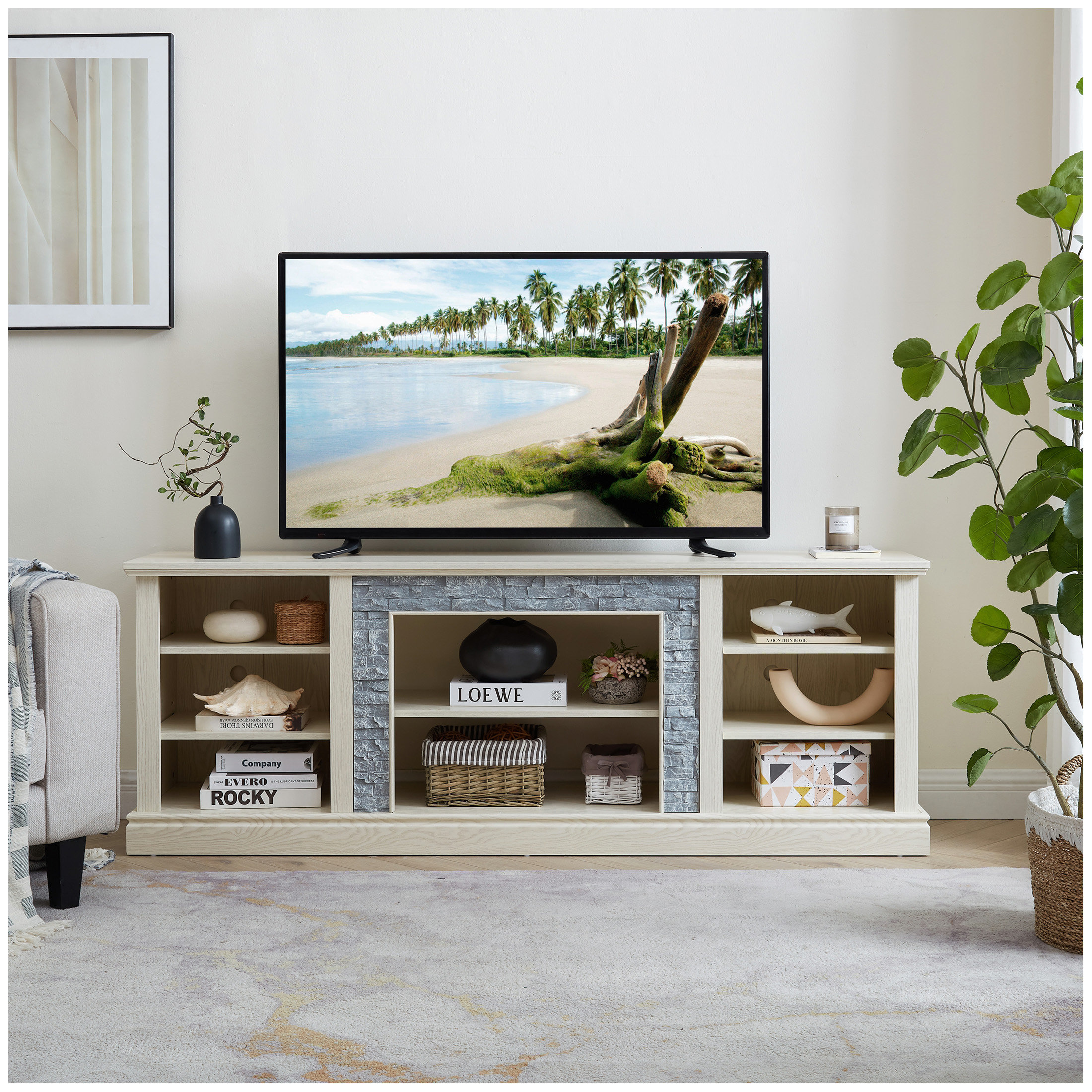 Latitude Run® Large TV Desk Storage Rack with Faux Stacked Stone ...
