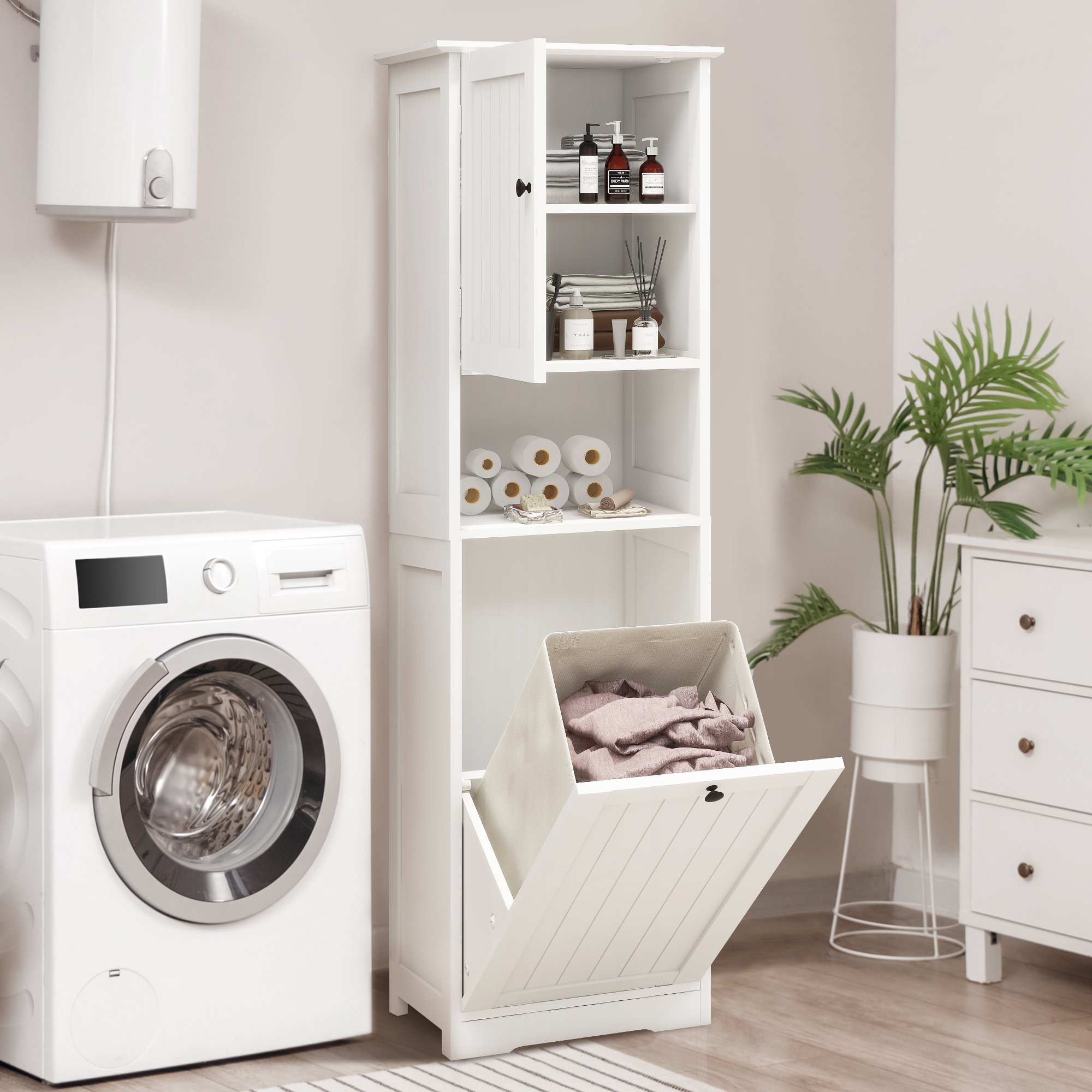 Lark Manor™ 55.1”h White Wooden One-compartment Tilt-out Laundry Sorter ...