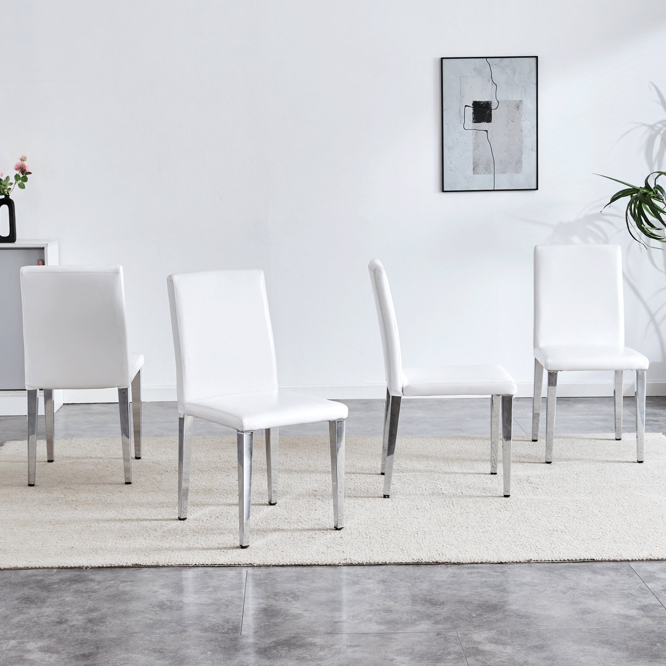 GZMWON A Set Of 4 Pu Leather Backrest Chairs With Silver Metal Legs ...