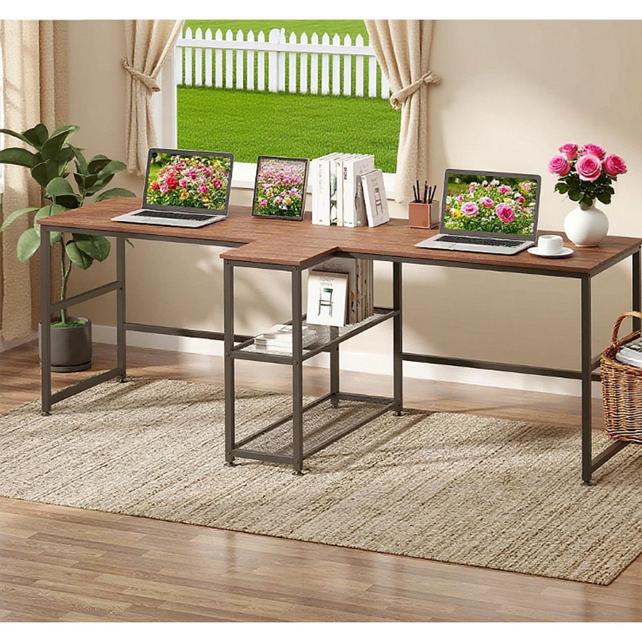 Ivy Bronx Desk Two Person Computer Desk With Storage Shelves, Double ...