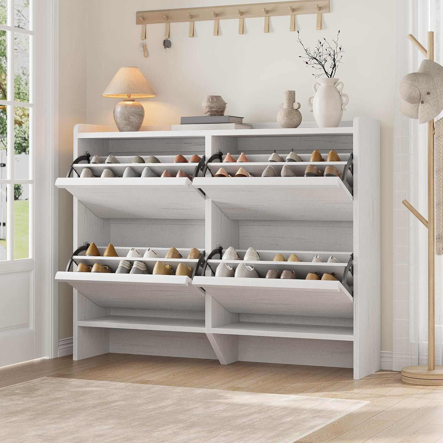 Red Barrel Studio 30 Pair Shoe Cabinet with 4 Flip Drawers, Wooden Shoe ...