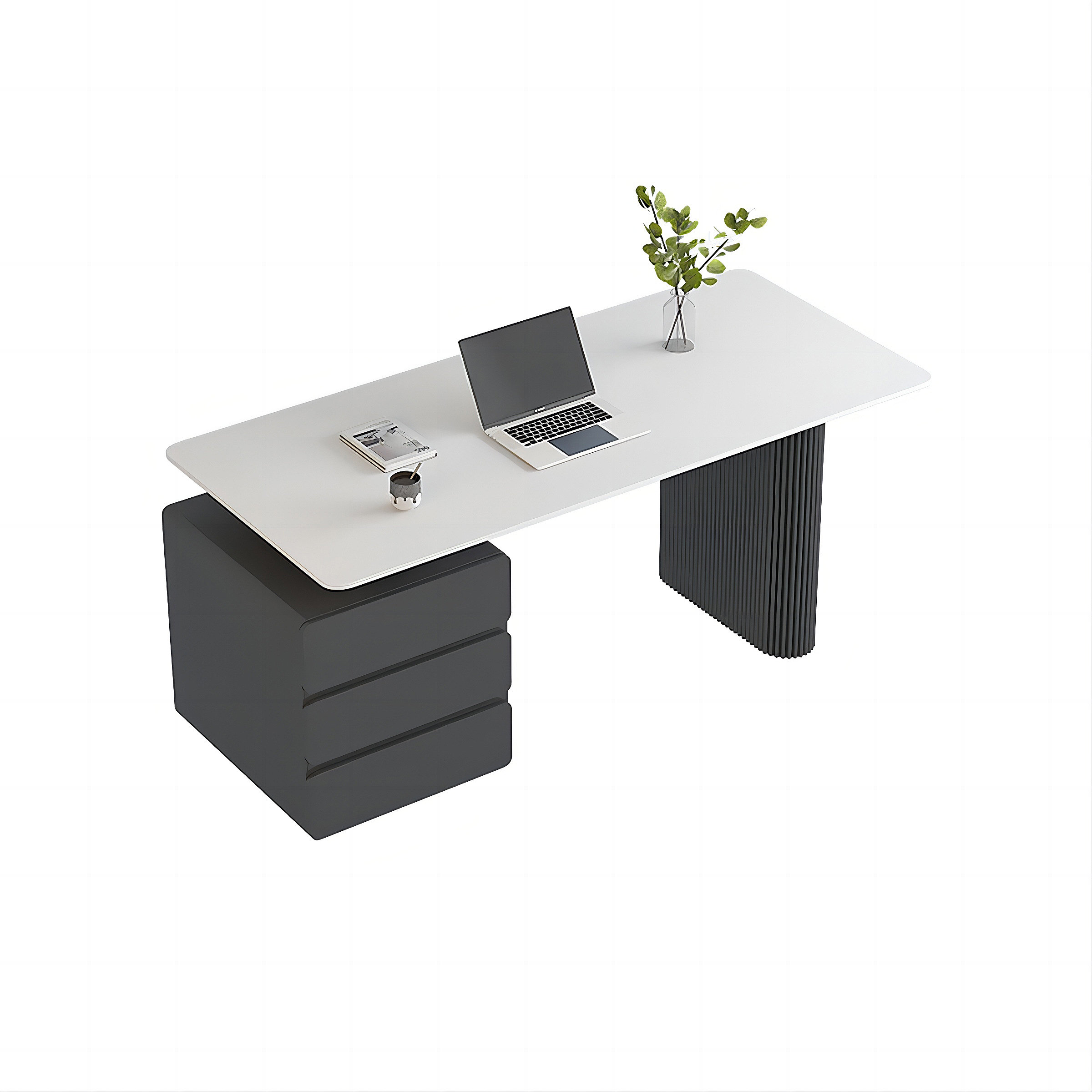 Corrigan Studio Black Rectangular Sintered Stone Desk,3-drawer ...