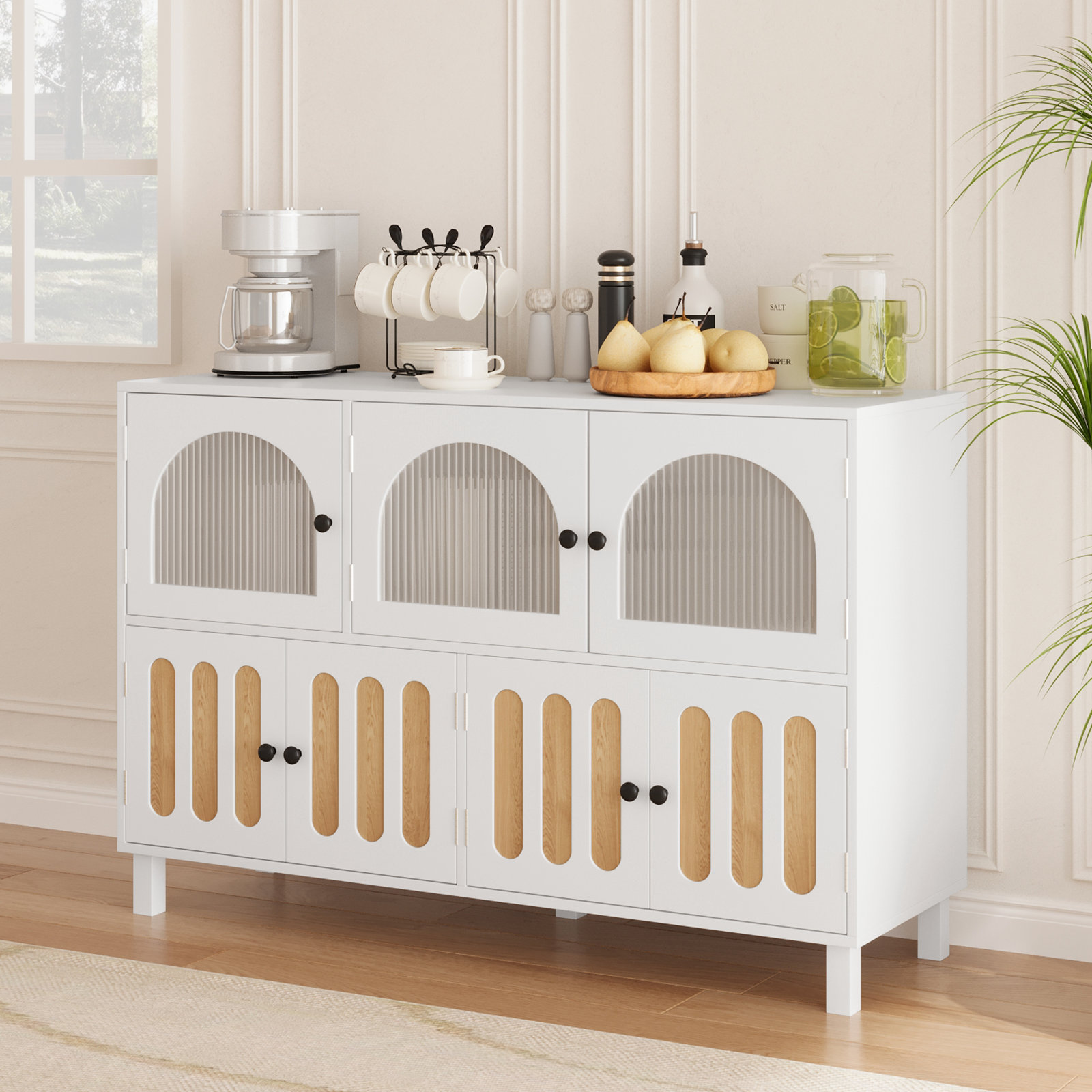 Ebern Designs Sideboard Buffets With 4 Storage Cabinet, Vertical Wave Arched Tempered Glass ...