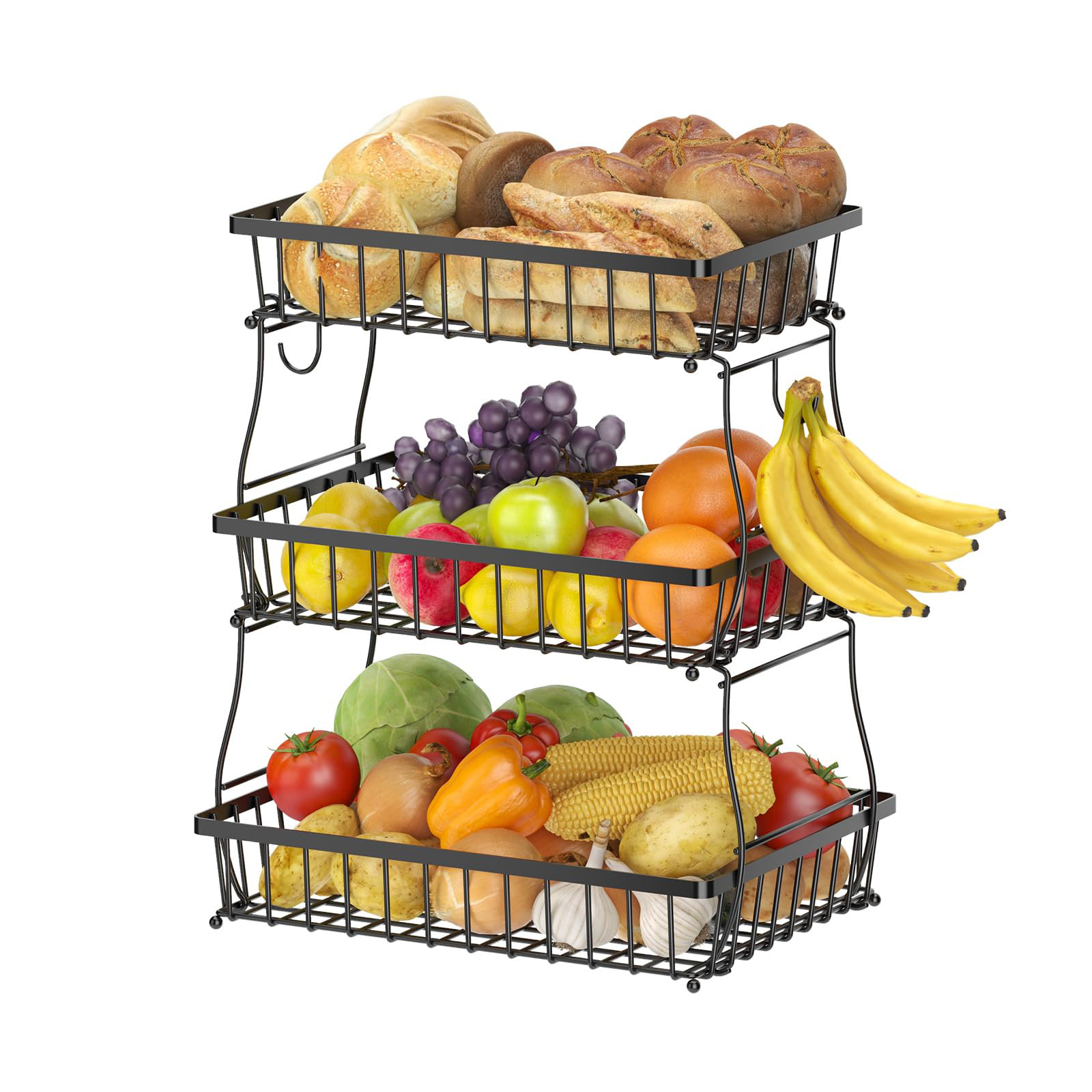 Prep & Savour 3 Tier Countertop Fruit Basket With 2 Banana Hangers For ...