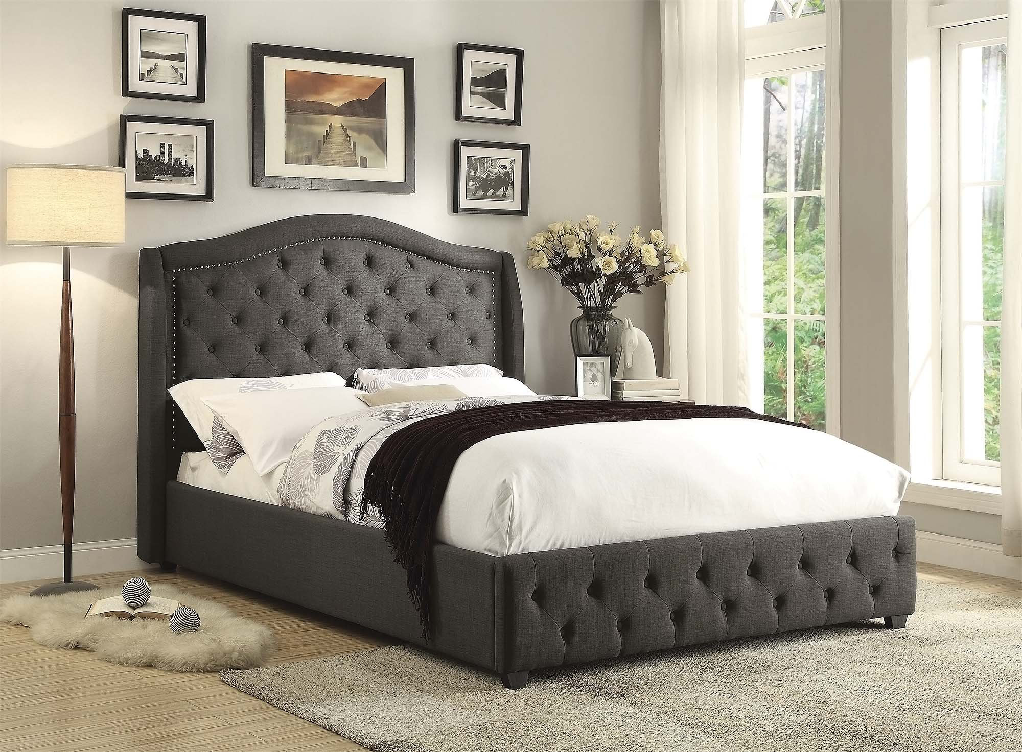 Red Barrel Studio® Queen Bed 1pc Solid Wood Frame Charcoal Fabric ...