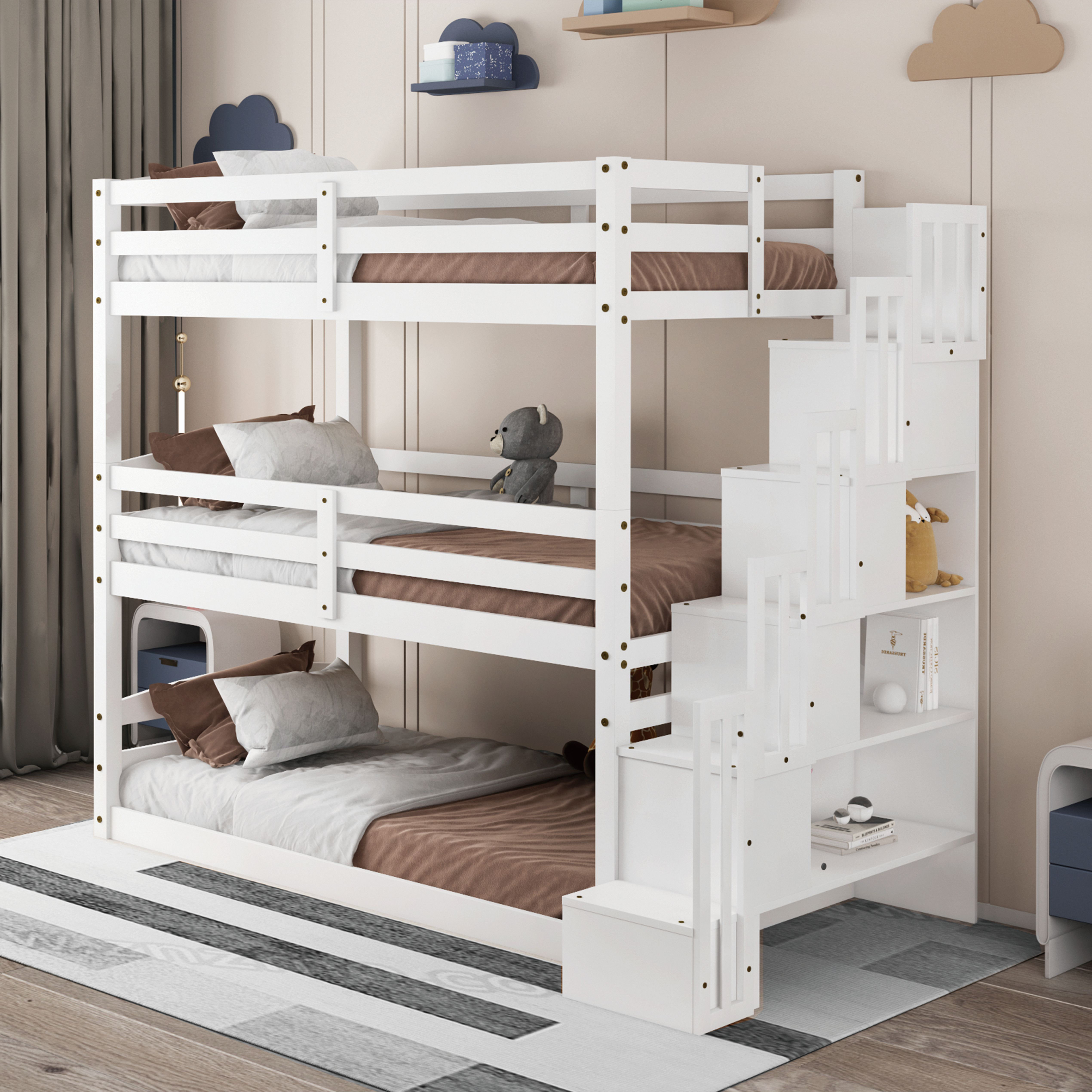 Harriet Bee Germelino Twin Over Twin Over Twin Triple / Quad Bunk Bed with Shelves by Harriet ...