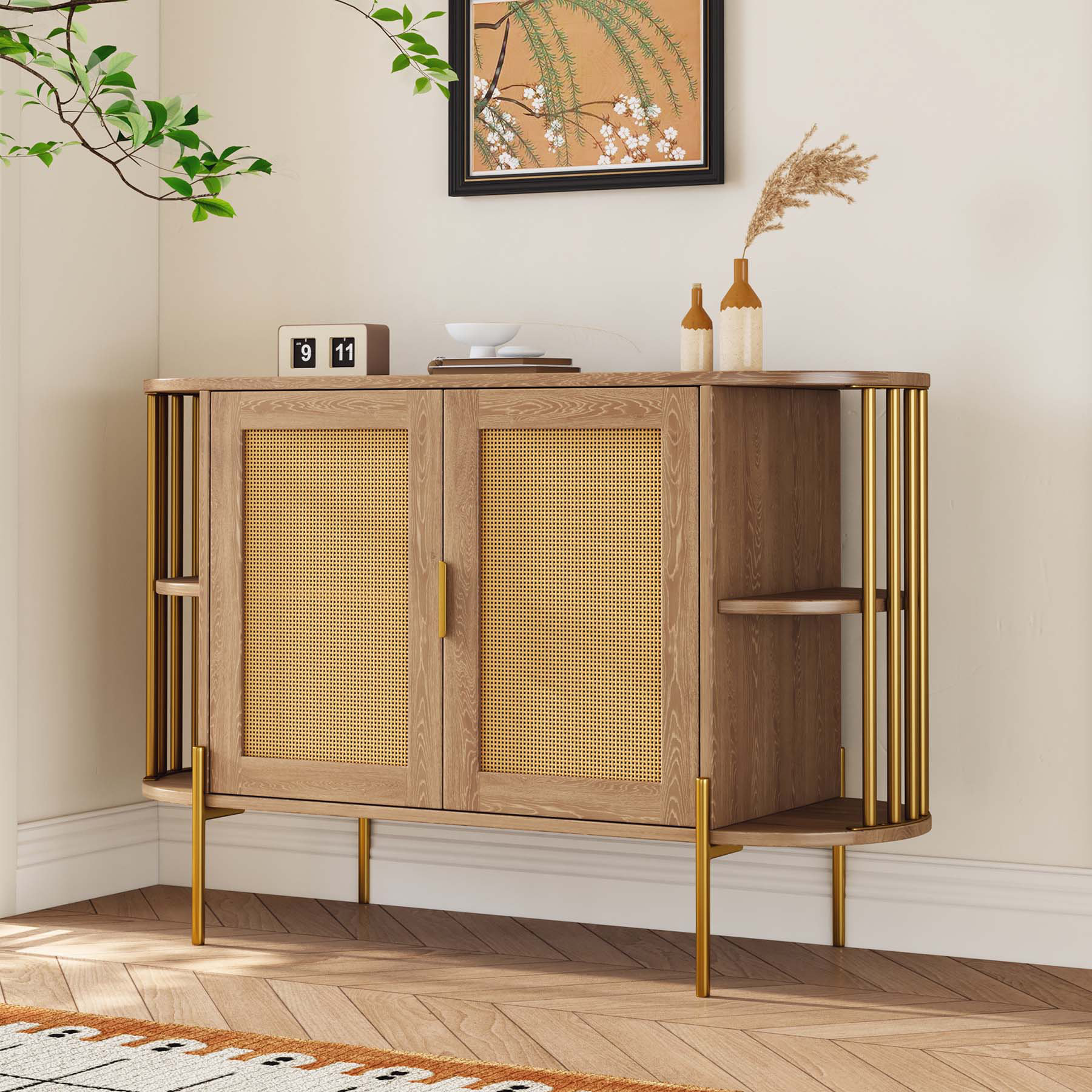Mercer41 2-Door Elegant Curved Dining Cabinet with Gold Trim and Woven ...