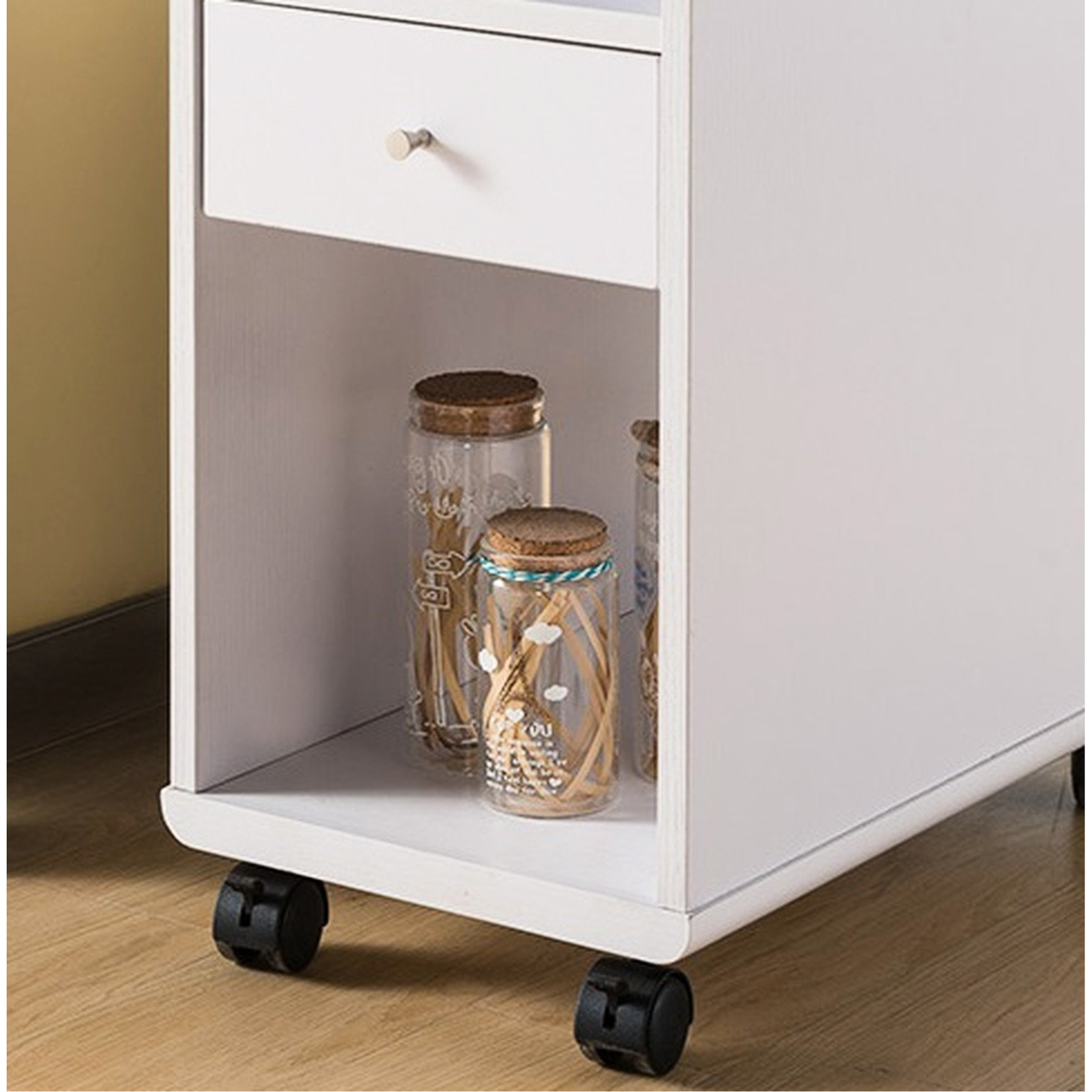 Ebern Designs Mobile Chairside Table, White With Drawer - 2 Shelves, 4 ...